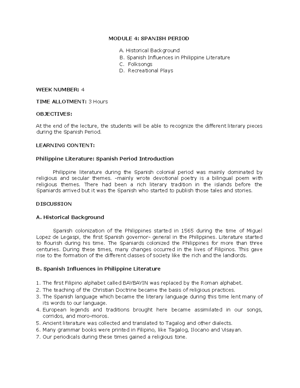 Module 4 LIT 001 PHIL LIT - MODULE 4: SPANISH PERIOD A. Historical ...