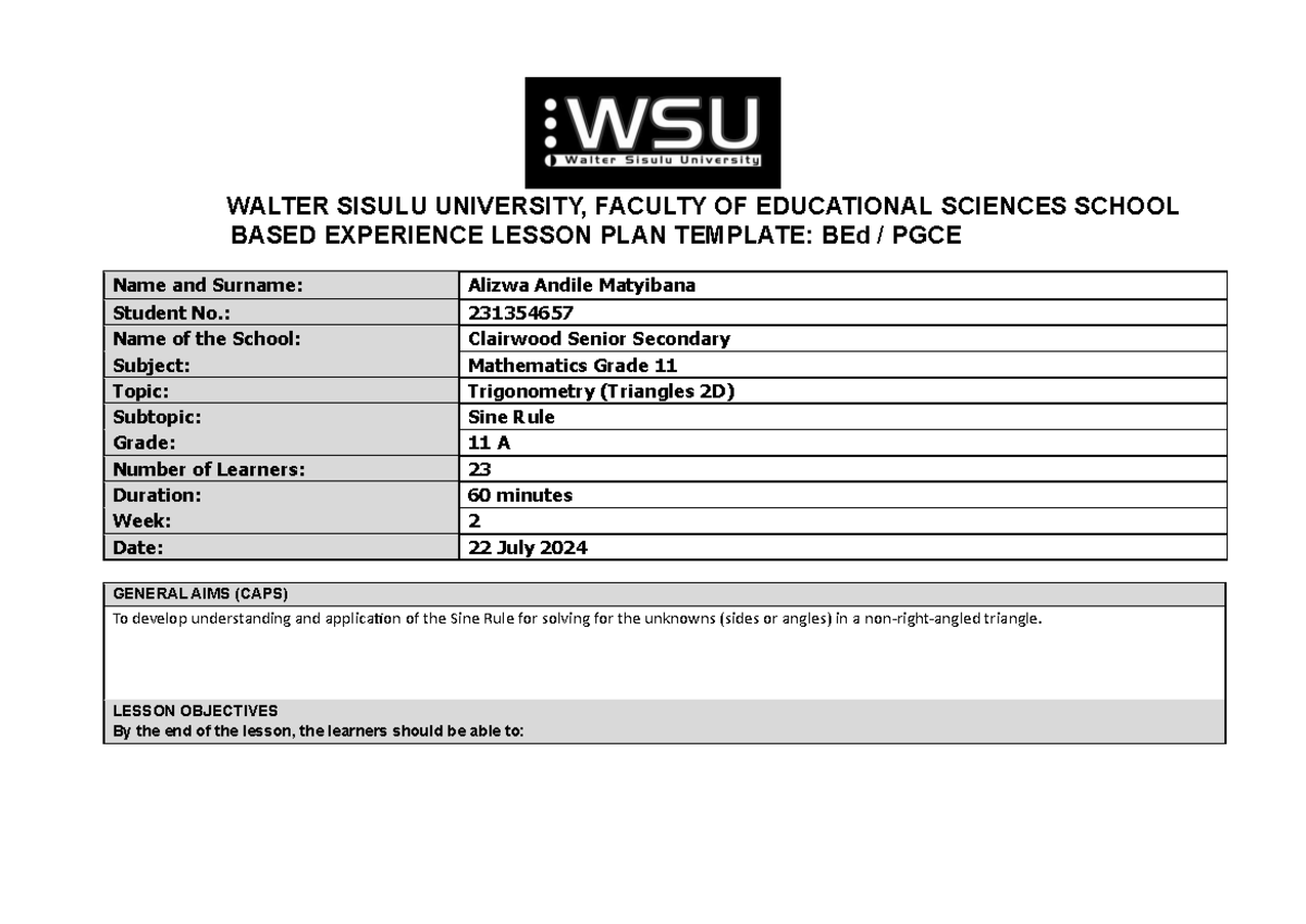 Lesson Plan Template WSU - Sine rule final draft to be printed by me ...