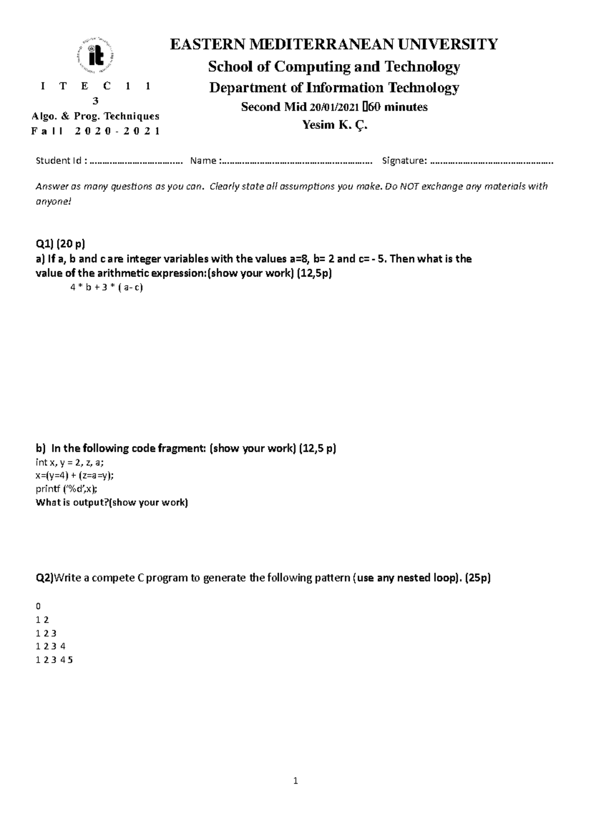 Itec113Midterm for itec 113 - I T E C 1 1 3 Algo. & Prog. Techniques Fall 2020- EASTERN - Studocu
