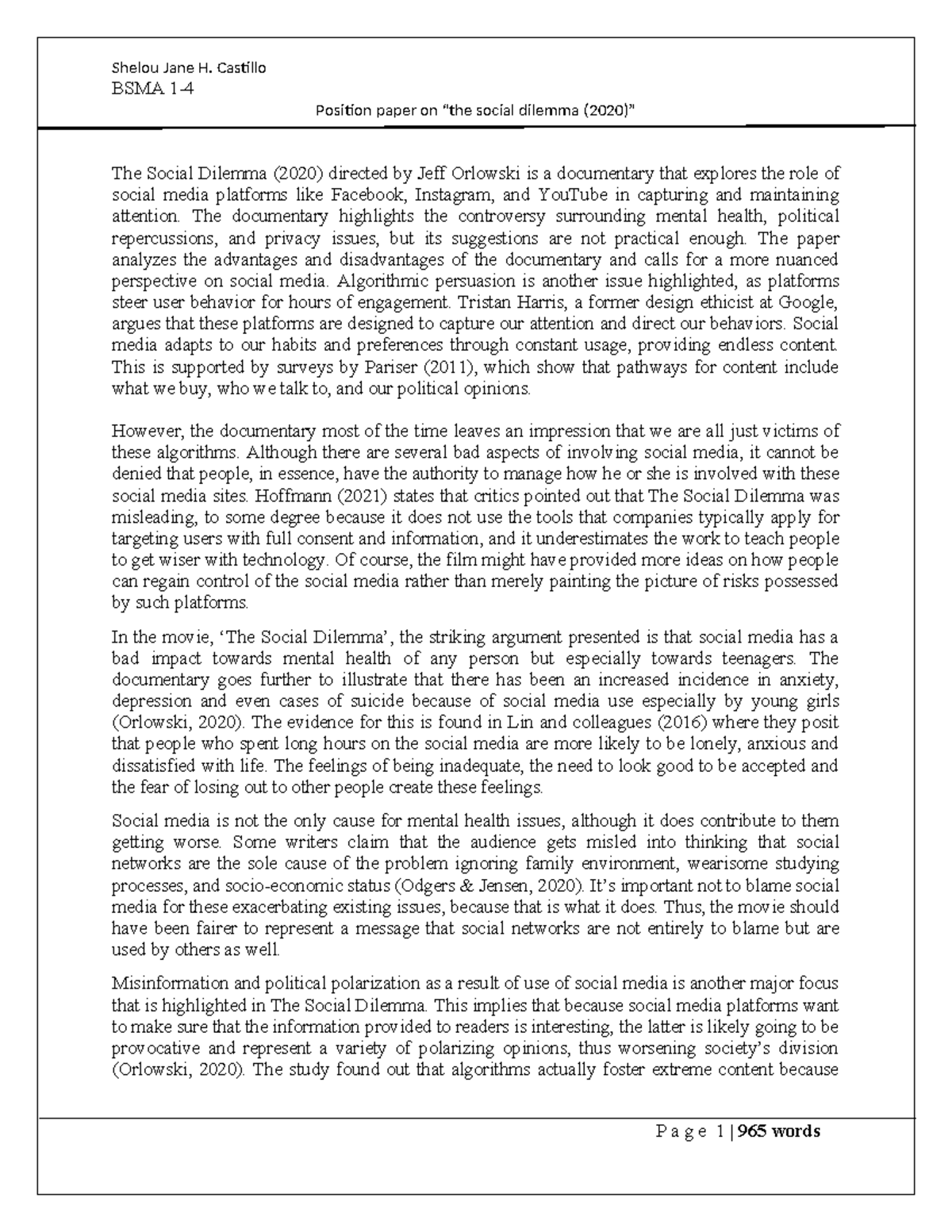 The Social Dilemma - Shelou Jane H. Castillo BSMA 1- Position paper on ...