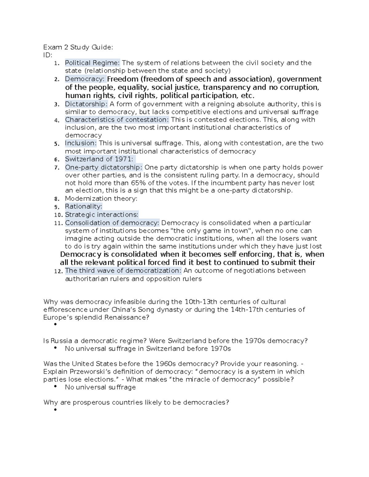 Exam 2 Study Guide with Prof Kim - Exam 2 Study Guide: ID: 1. Political ...