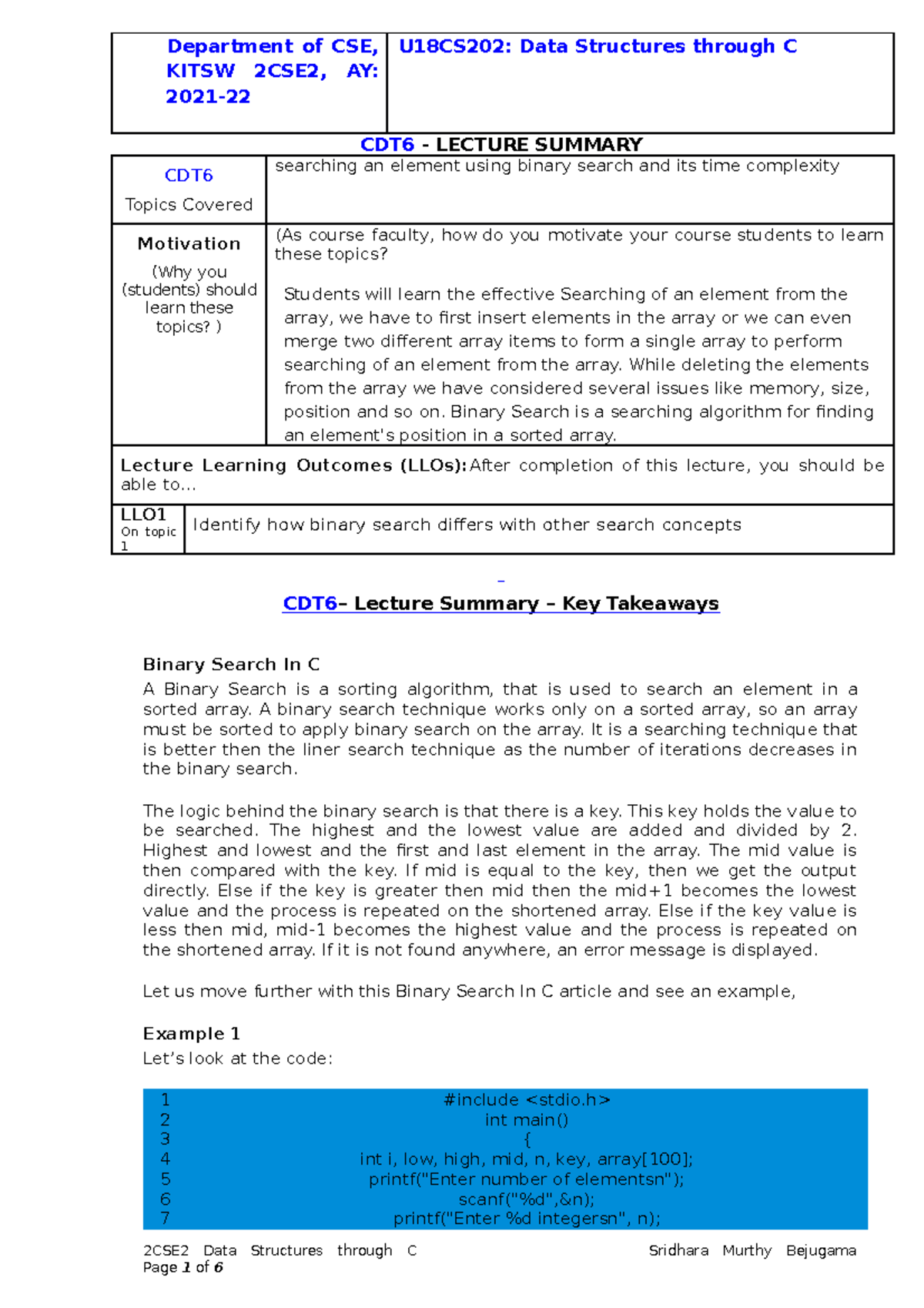 Ds Cdt 6 Notes For Ds Kitsw 2cse2 Ay 2021 Cdt6 Lecture Summary Cdt Topics Covered