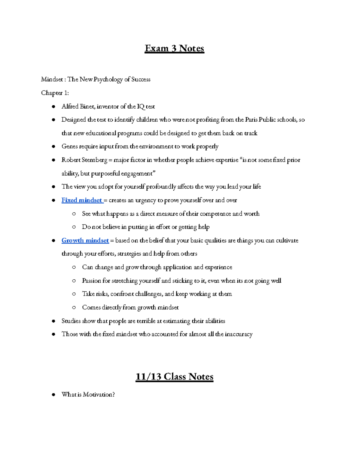 Exam 3 Notes - Exam 3 material - Exam 3 Notes Mindset : The New ...
