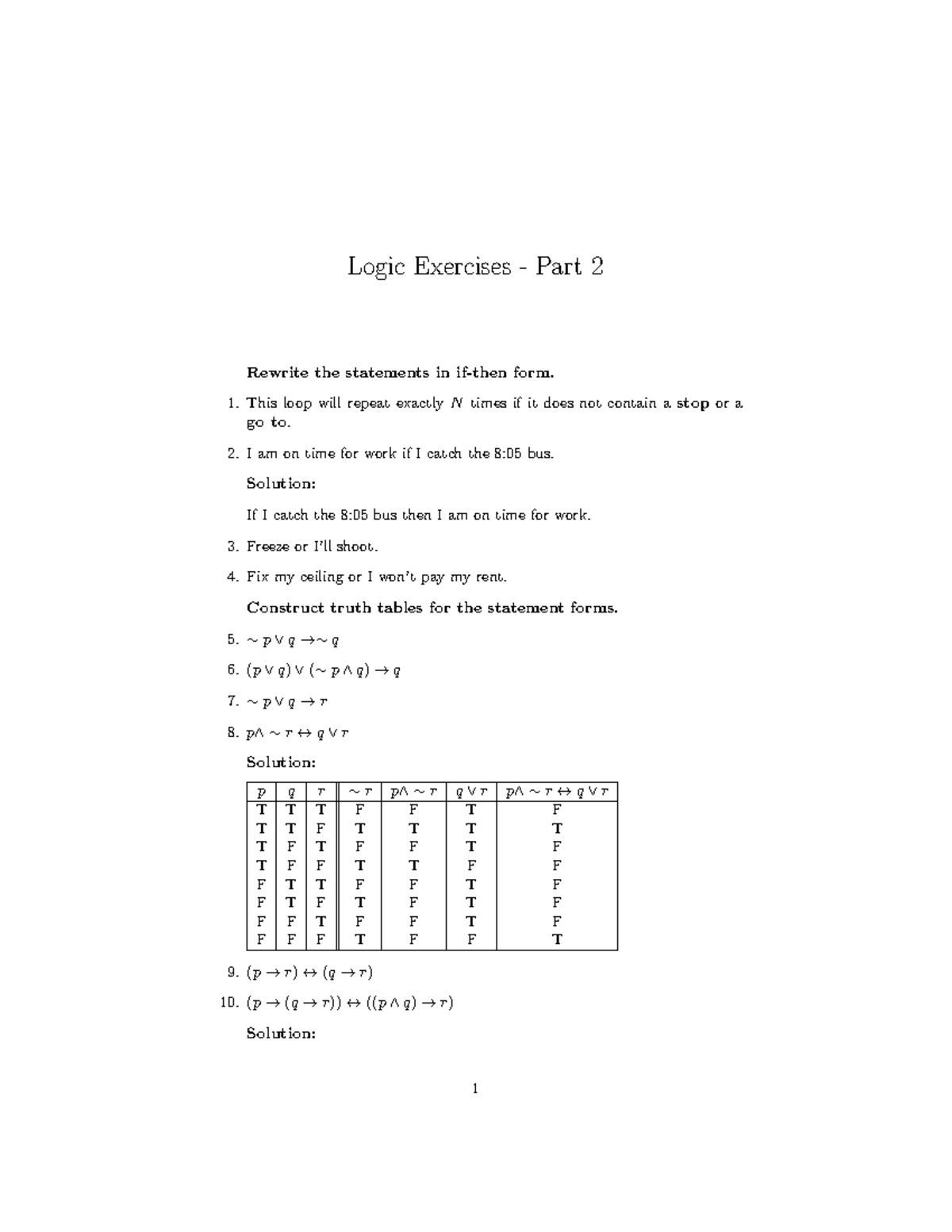 Logic Exercises 2 with solutions v2 - Logic Exercises - Part 2 Rewrite the statements in if-then ...