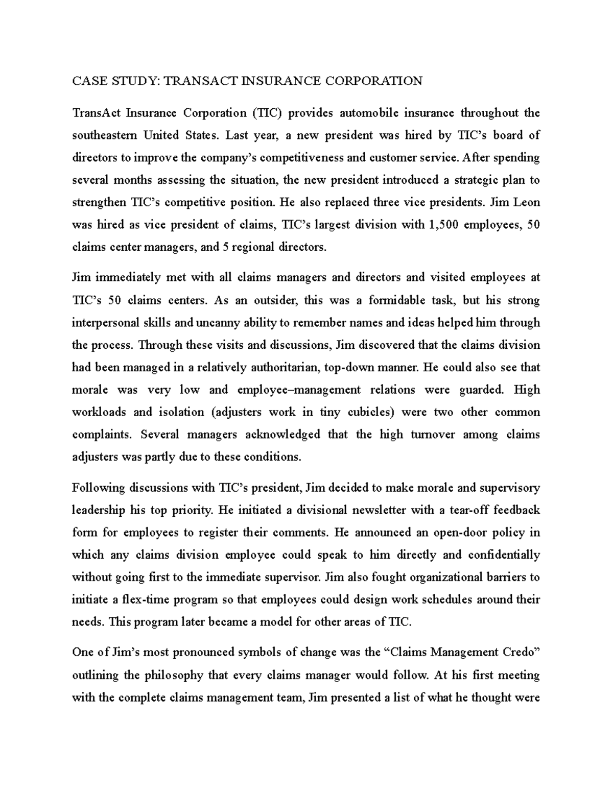 Case 3 - Transact Insurance Corporation - CASE STUDY: TRANSACT ...