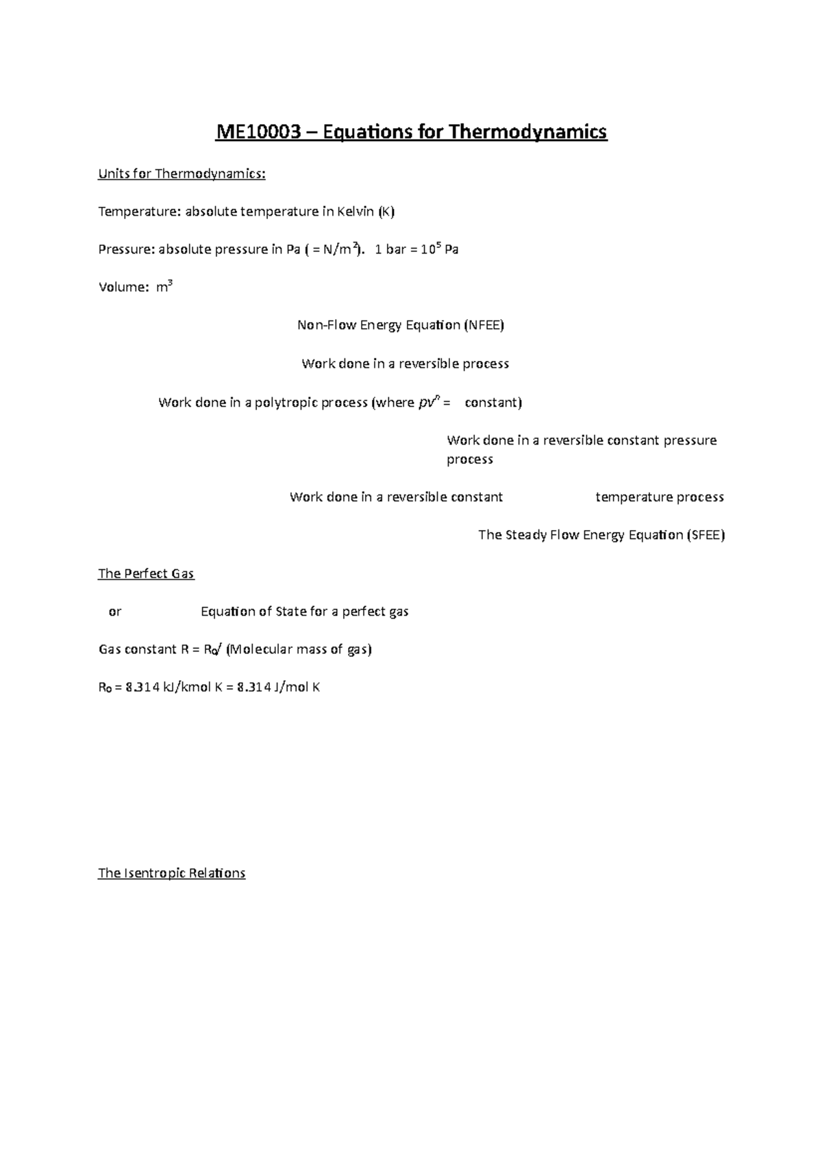 Formula sheet for Thermodynamics - ME10003 – Equations for ...