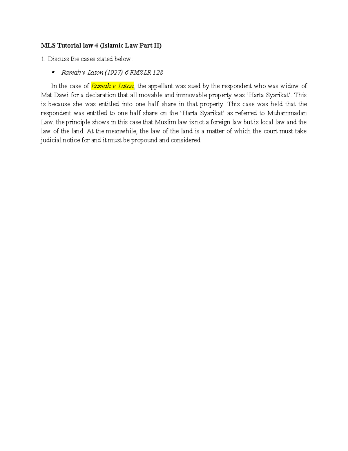 MLS Tutorial 4 - This is because she was entitled into one half share ...