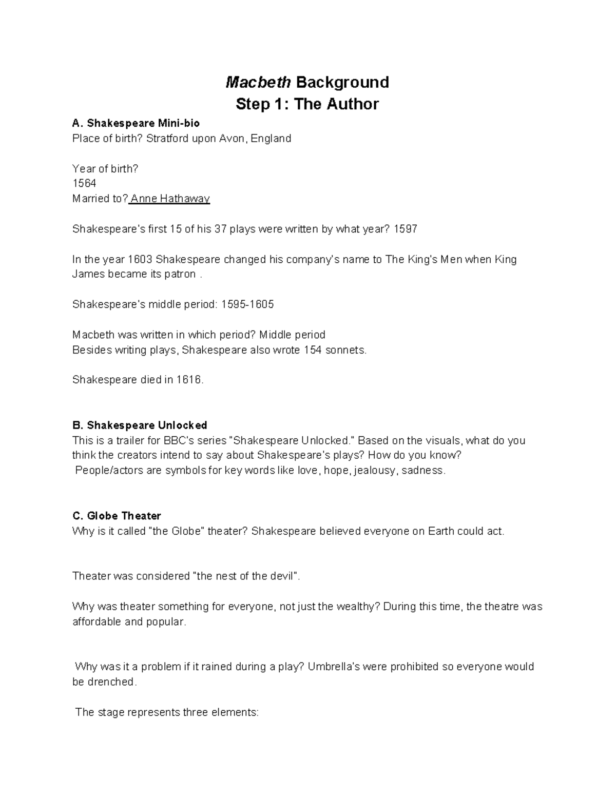 English macbeth answers - Macbeth Background Step 1: The Author A ...