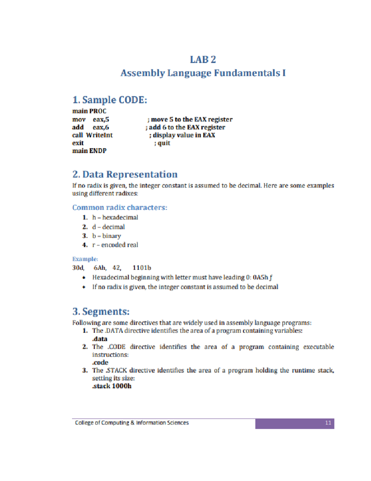 Lab # 2 - its lab material and problem solving question for computer students - Computer Science ...