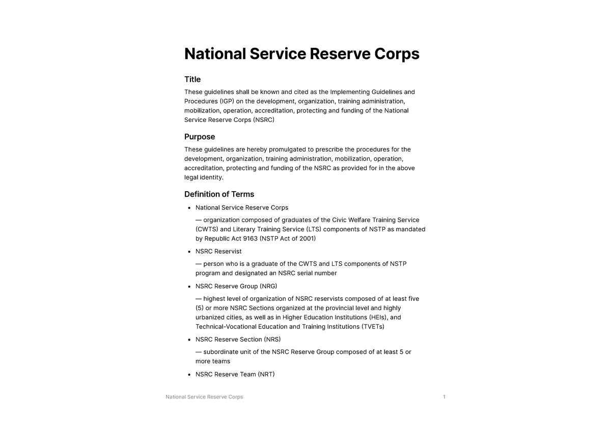 NSTP - NSTP Title, Purpose, Definition of terms, Responsibility ...