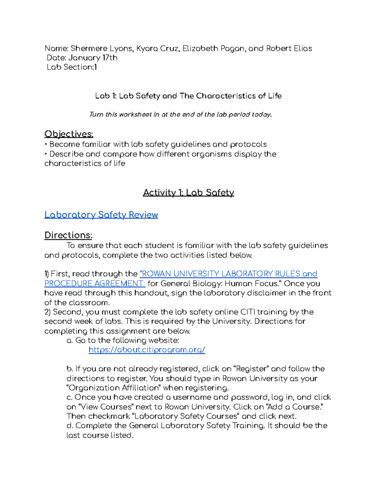 Lab 1 Lab Safety and The Characteristics of Life - Name: Shermere Lyons ...