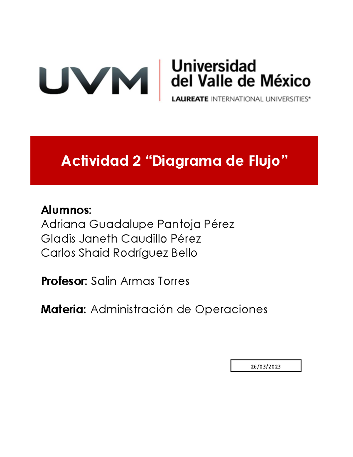 A 2 uvm online - tarea - Actividad 2 “Diagrama de Flujo” Alumnos: Adriana Guadalupe Pantoja ...