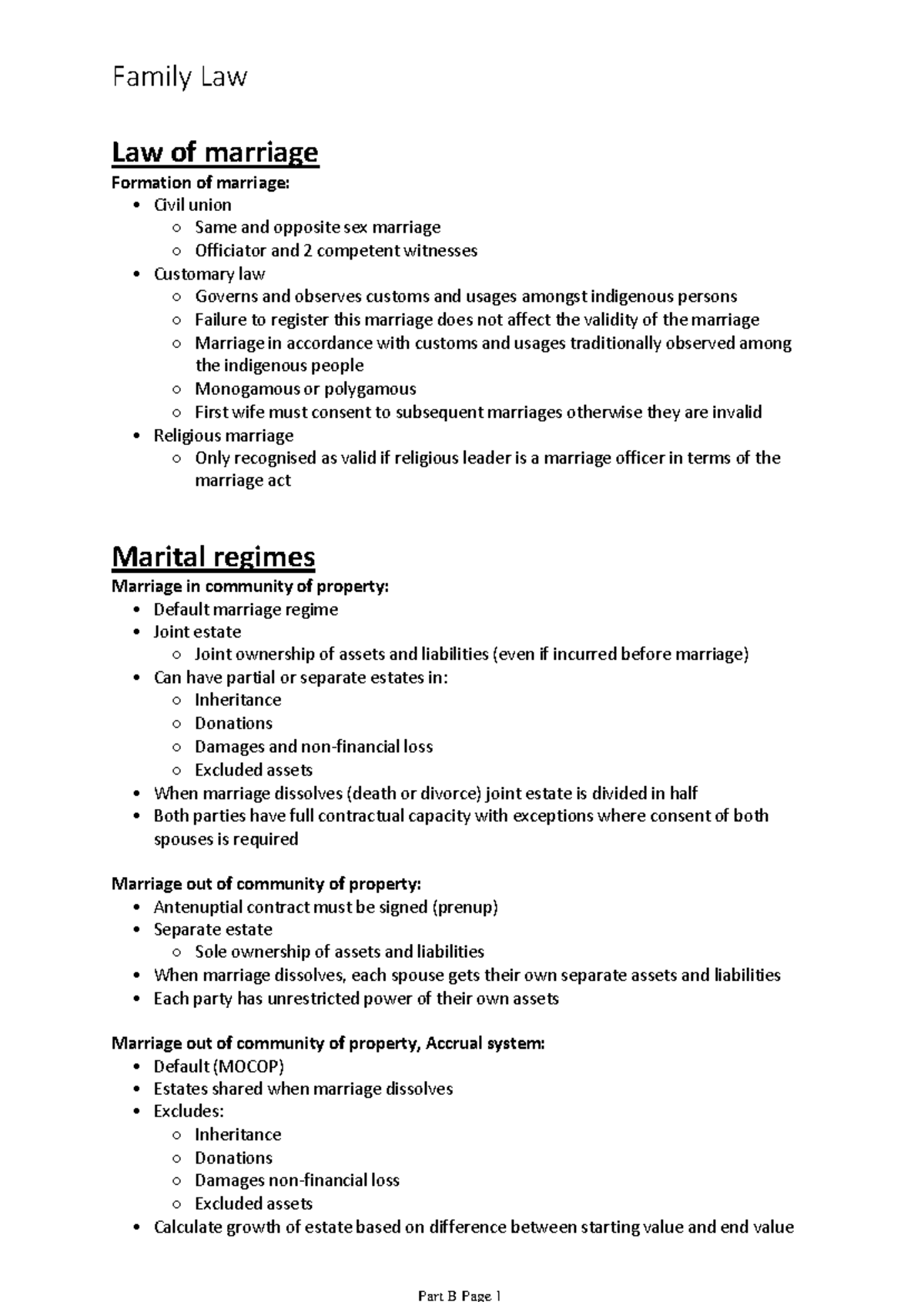 Part B - Part B Summary - Law of marriage Formation of marriage: Civil ...