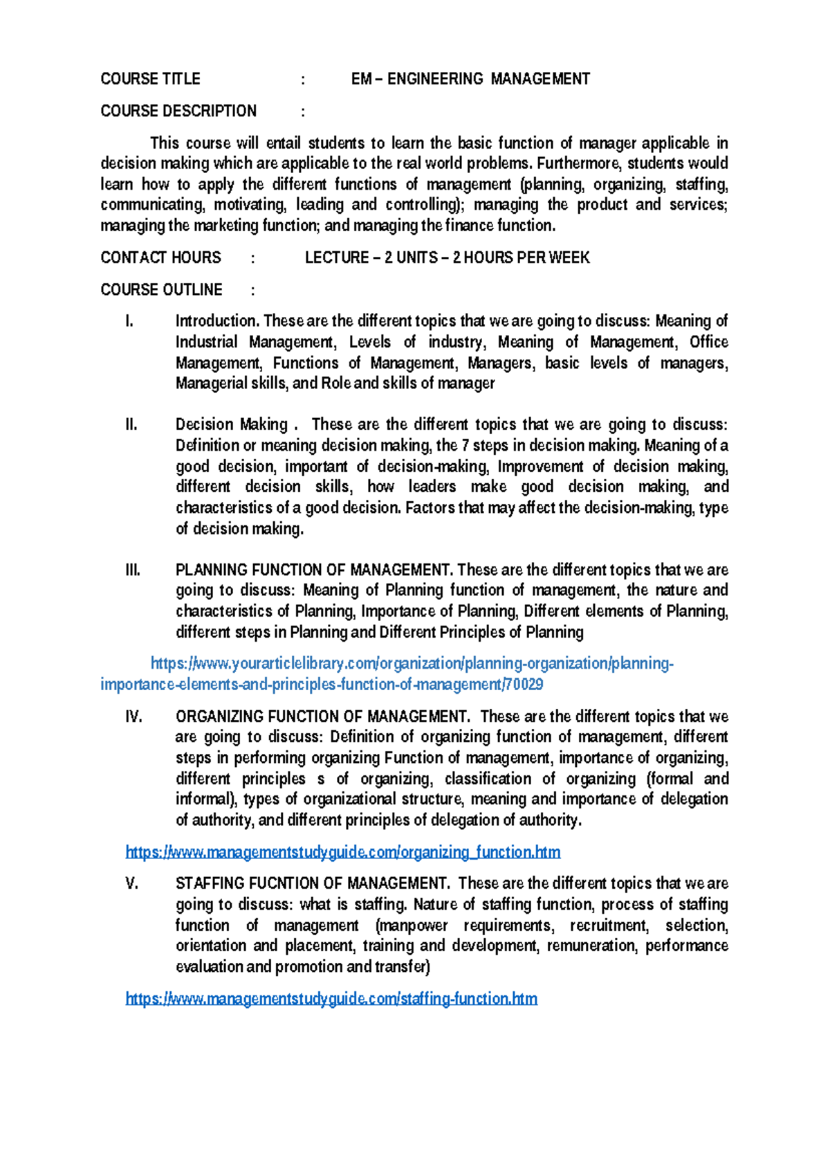NEW EM Summary Course Syllabus 3 - COURSE TITLE : EM – ENGINEERING ...