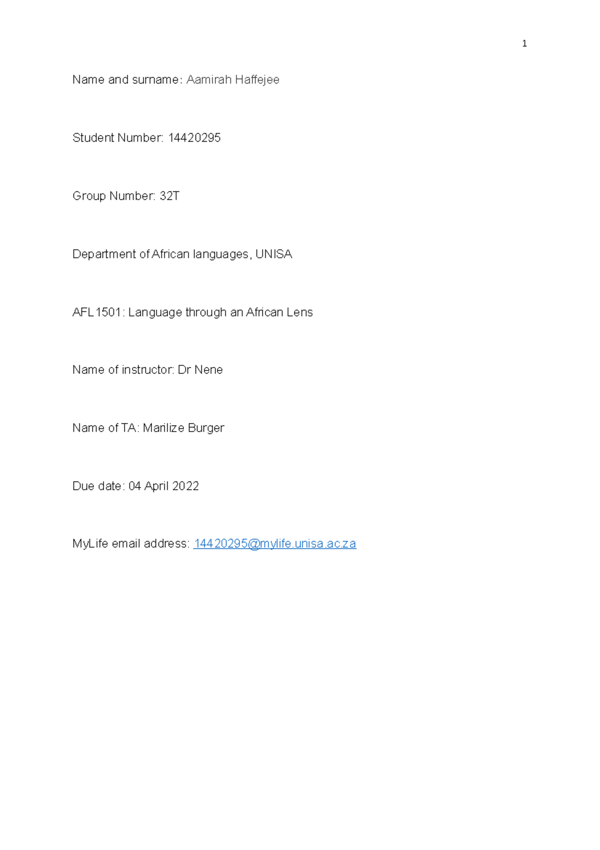 AFL1501- Assignment 04 - Name and surname: Aamirah Haffejee Student Number: 14420295 Group ...