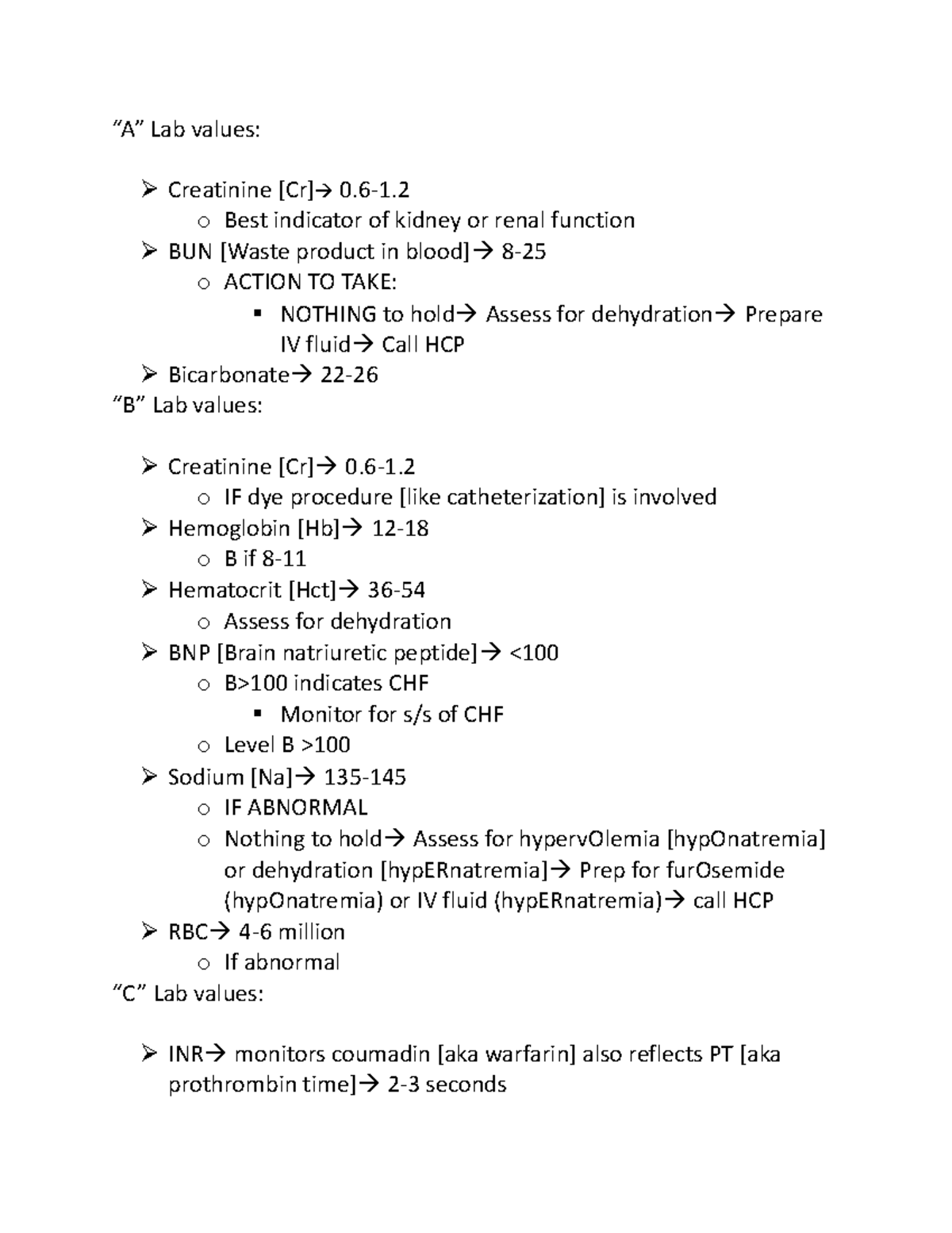 LAB Values - “A” Lab values: Creatinine [Cr] 0-1. o Best indicator of ...