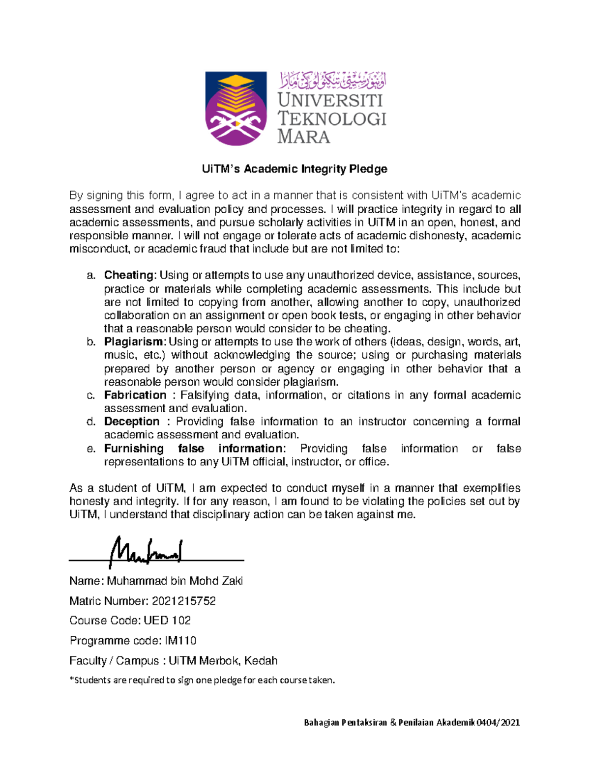 Students Academic Integrity Pledge - UiTM’s Academic Integrity Pledge ...