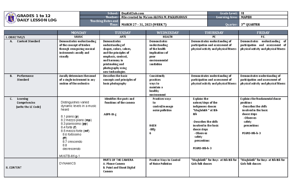 Lesson LOG- Mapeh 6 Q3 W7 - GRADES 1 to 12 DAILY LESSON LOG School ...