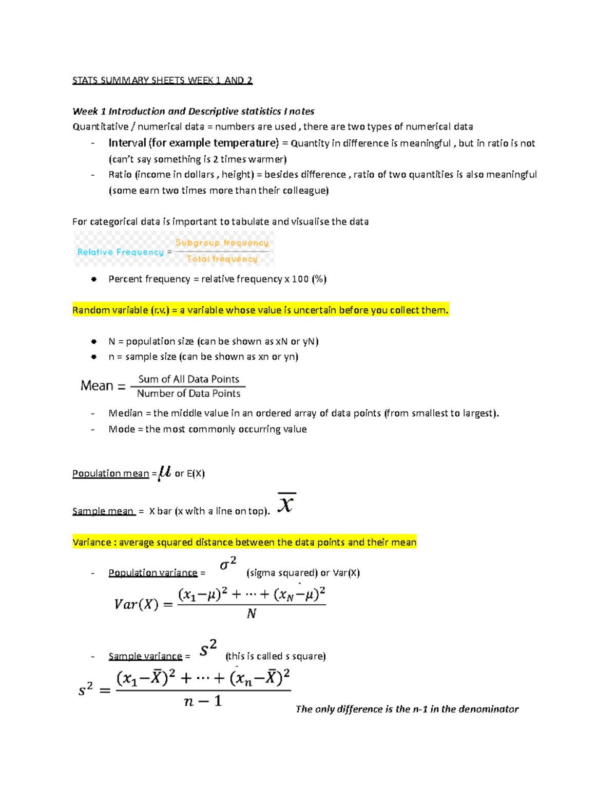 Summary week 1 and 2 - some notes - STATS SUMMARY SHEETS WEEK 1 AND 2 ...