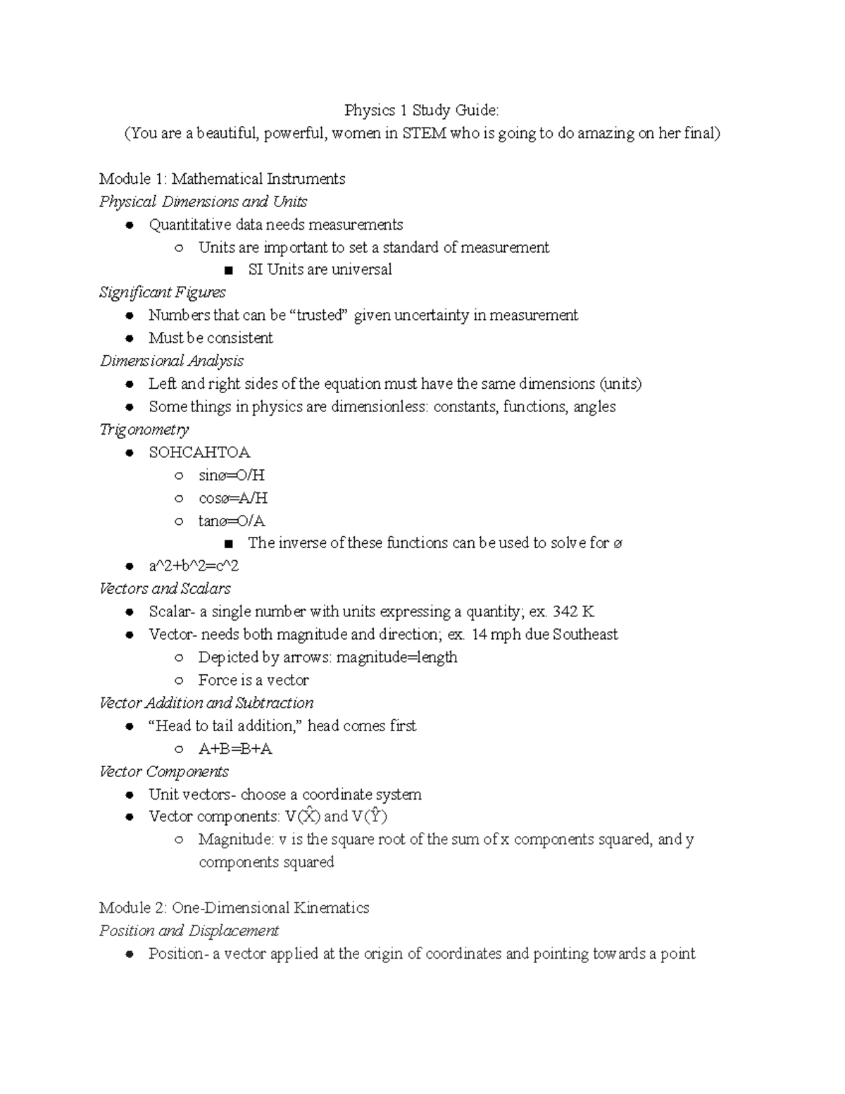 Physics Final Study guide - Physics 1 Study Guide: (You are a beautiful ...