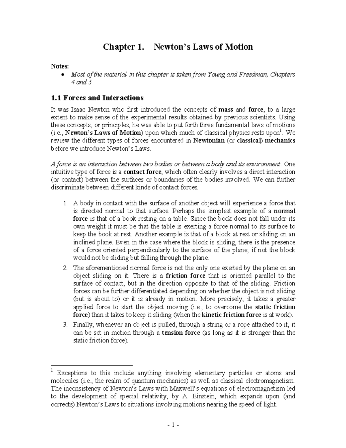 Chapter 1 Newton's Laws - Chapter 1. Newton’s Laws of Motion Notes ...