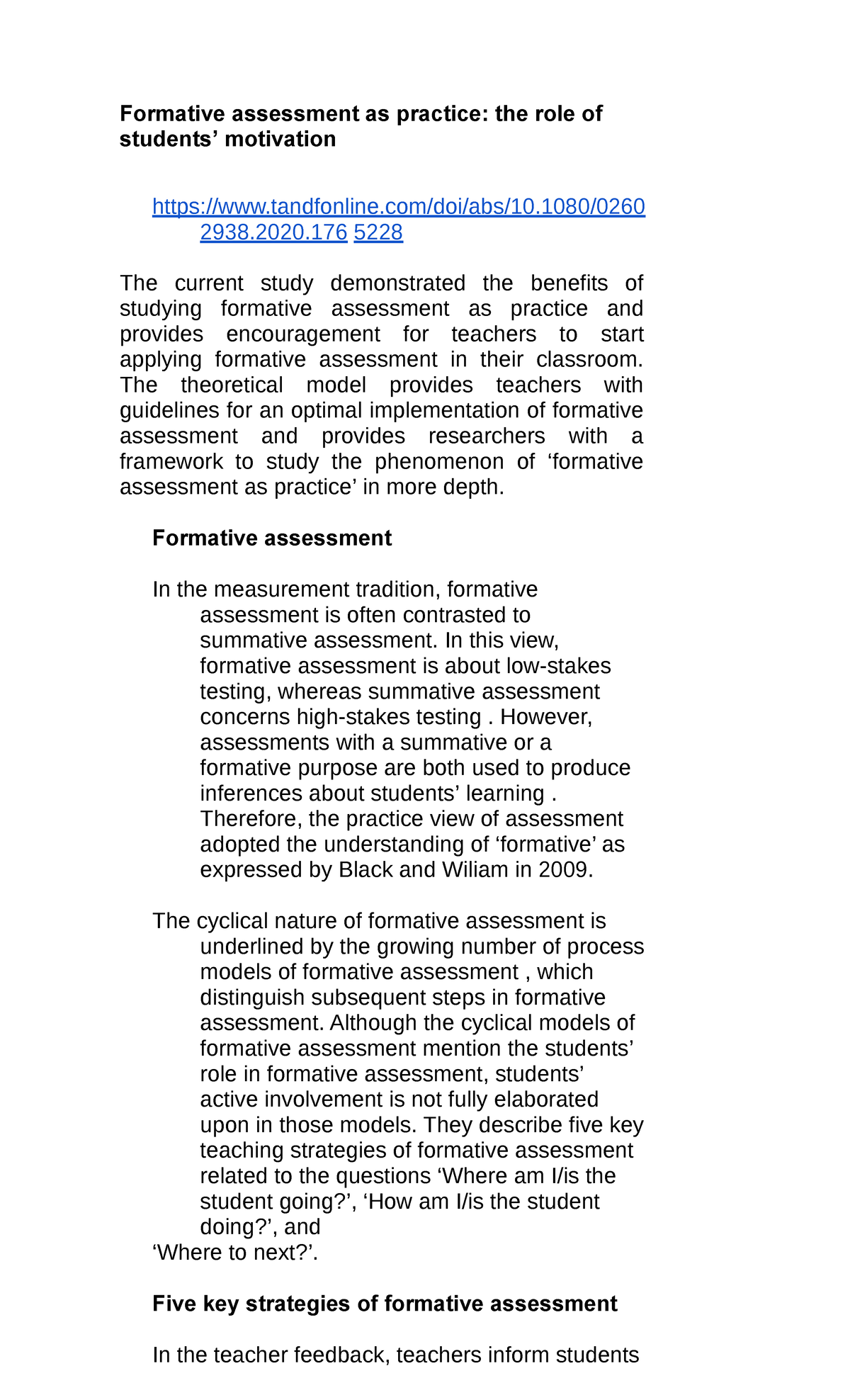 Formative assessment as practice - 1080/ 2938.2020 5228 The current ...