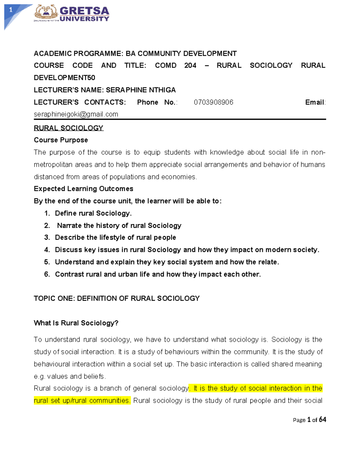 COMD 204 - Rural Sociology ODL Notes - ACADEMIC PROGRAMME: BA COMMUNITY ...