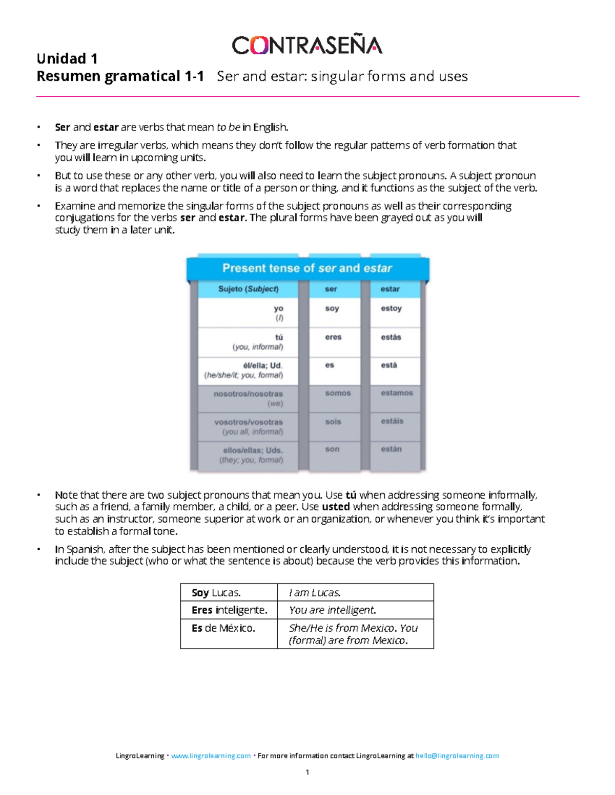 Contrasena 01 Gramatica I - Unidad 1 Resumen gramatical 1-1 Ser and ...