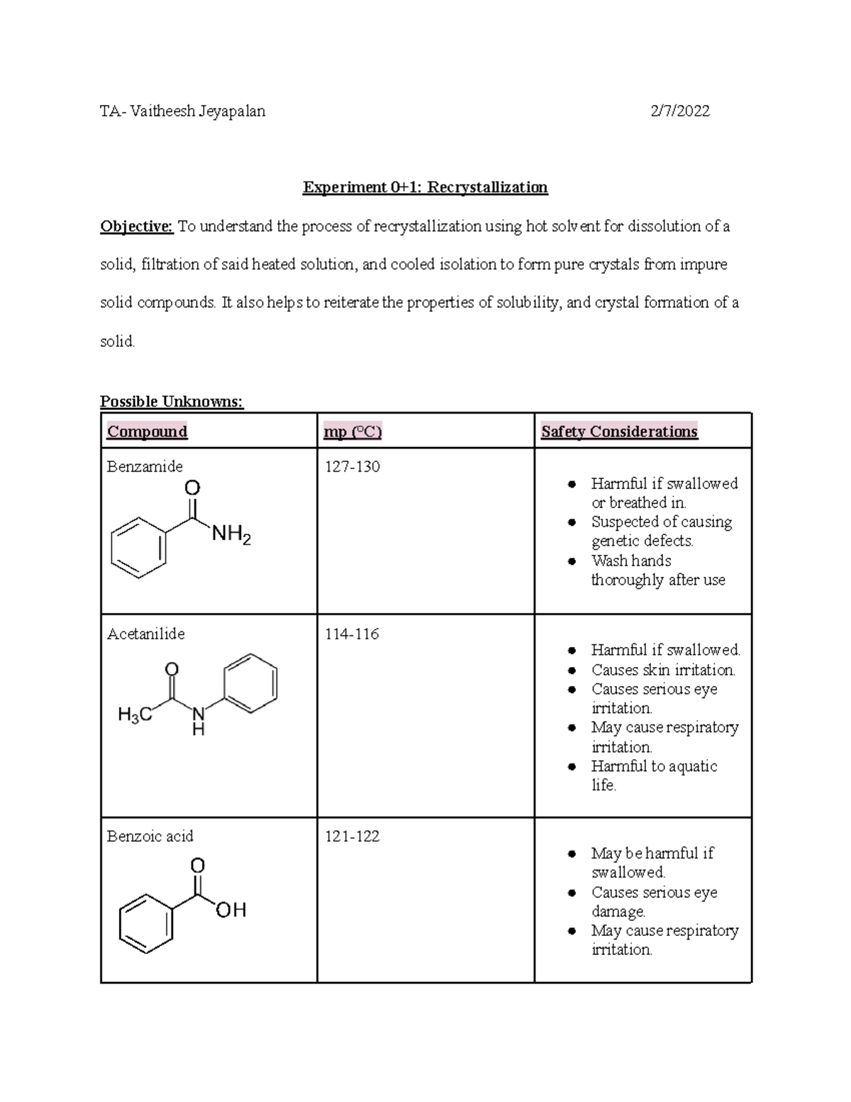 Recrystallization lab - TA- Vaitheesh Jeyapalan 2/7/ Experiment 0+1 ...