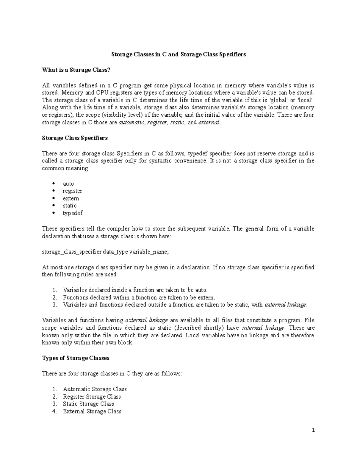 Storage Classes In C And Storage Class Specifiers Memory And Cpu Registers Are Types Of Memory