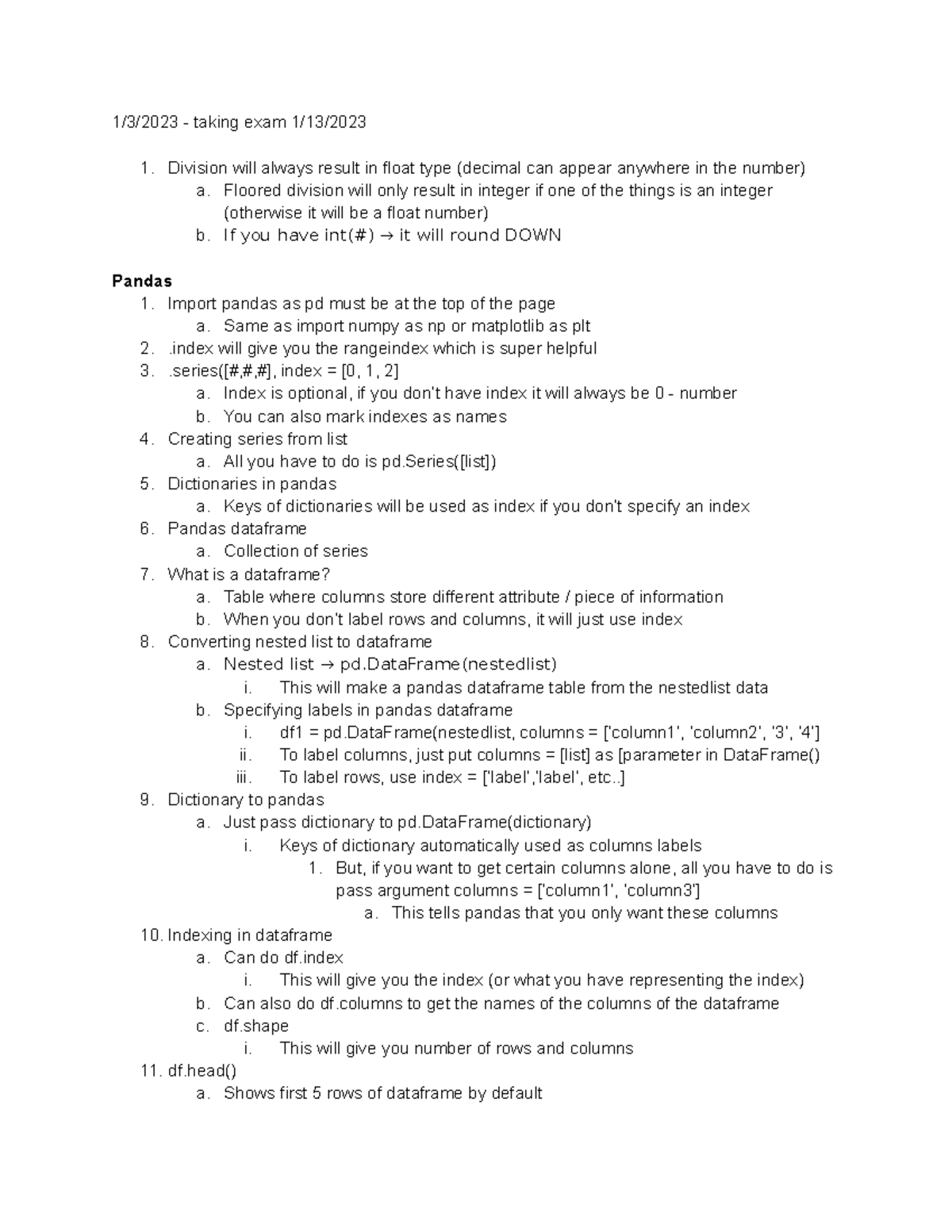 Retake python study - 1/3/2023 - taking exam 1/13/ Division will always ...