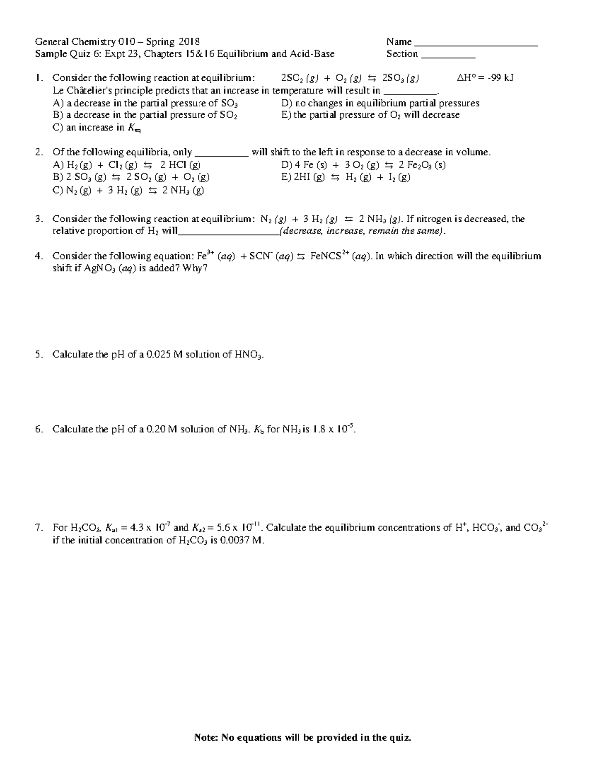 Sp18 Sample Quiz 6 - Chemical Equilibrium & Acid-Base - General ...