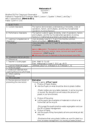 Mathematics 2 COT - Lesson plan - Mathematics 2 LESSON 3 Quarter 1 ...