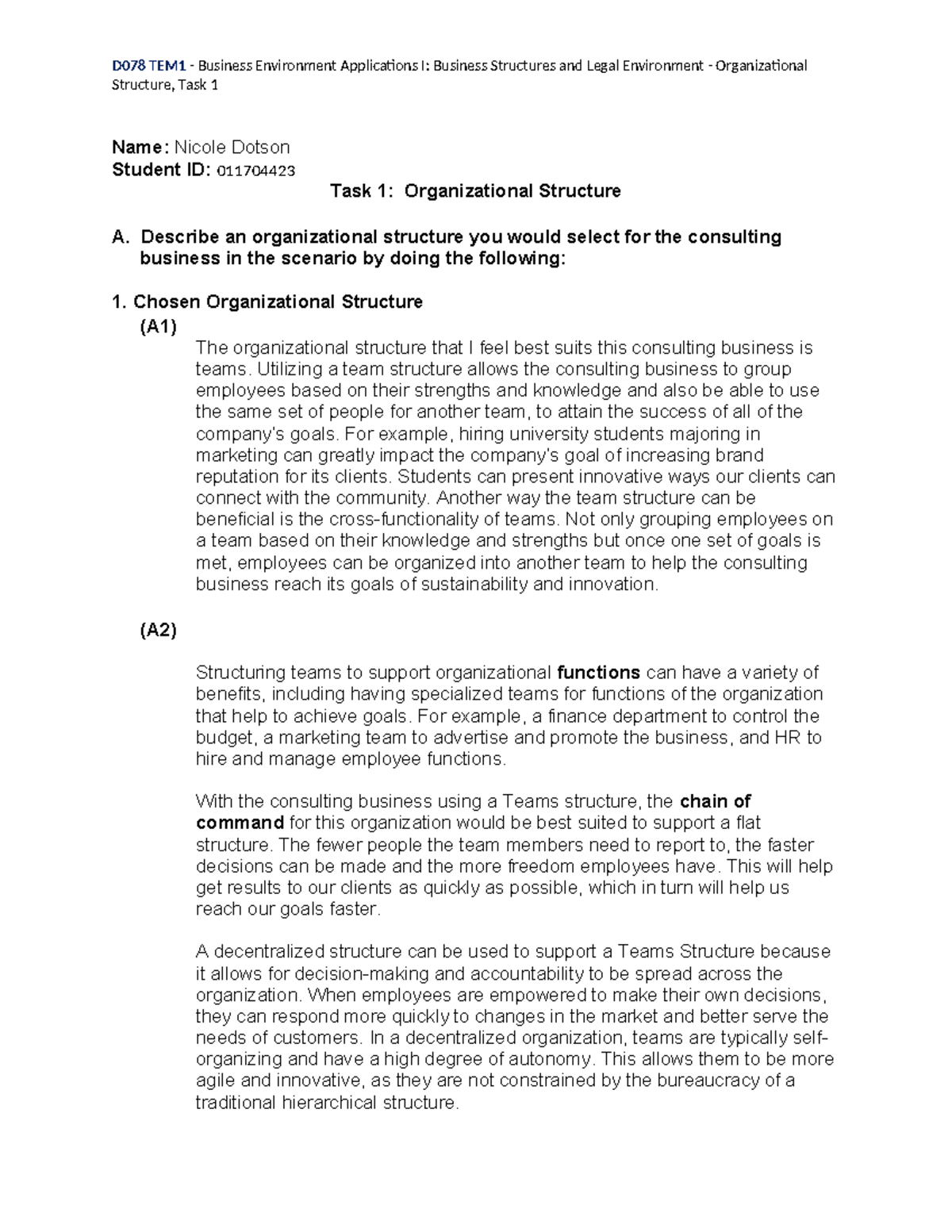 D078 TEM1 - Business Environment Applications I: Task 1 - Org Structure ...