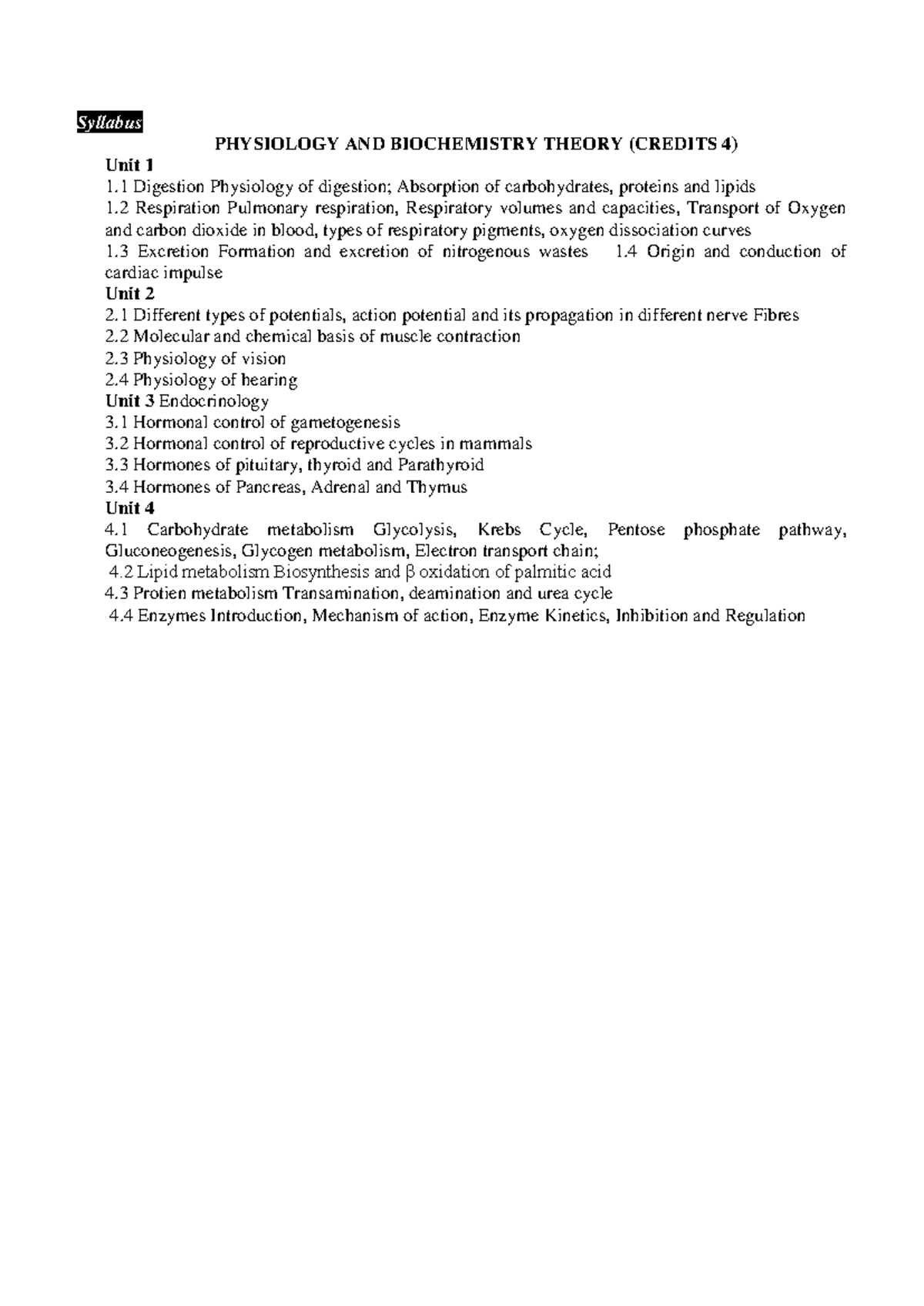 Zoology 3rd Sem - Syllabus PHYSIOLOGY AND BIOCHEMISTRY THEORY (CREDITS ...