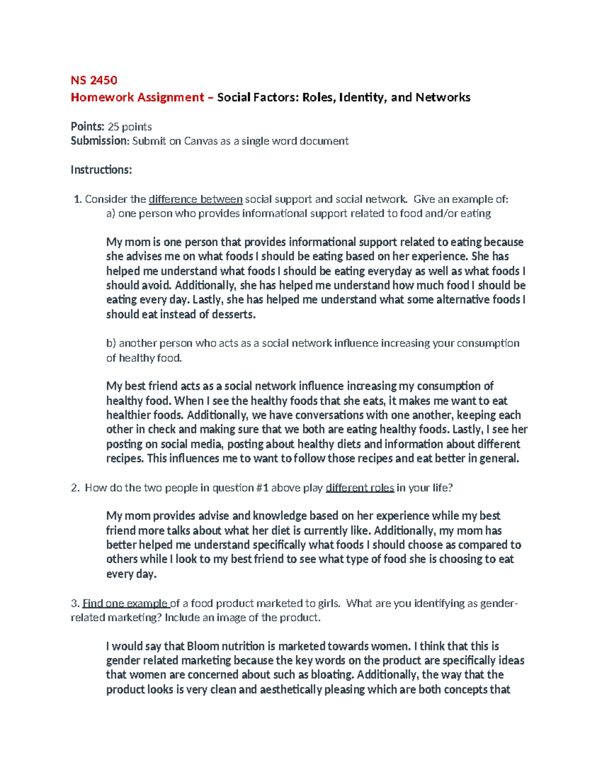 HW #3 Social Factors - HW 3 - NS 2450 Homework Assignment – Social Factors: Roles, Identity, and ...