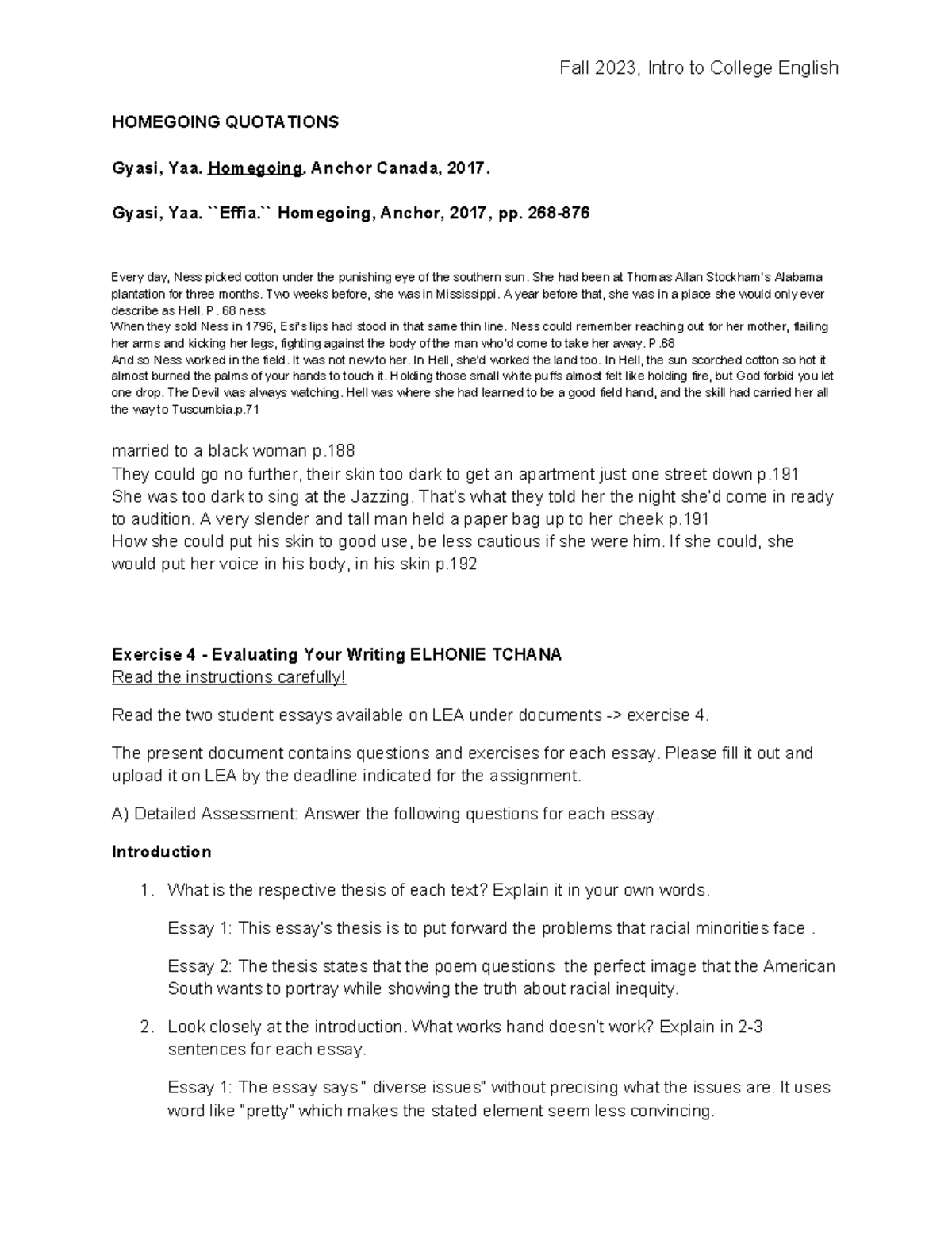 Ex 4 - exercice on evaluating - Fall 2023, Intro to College English ...