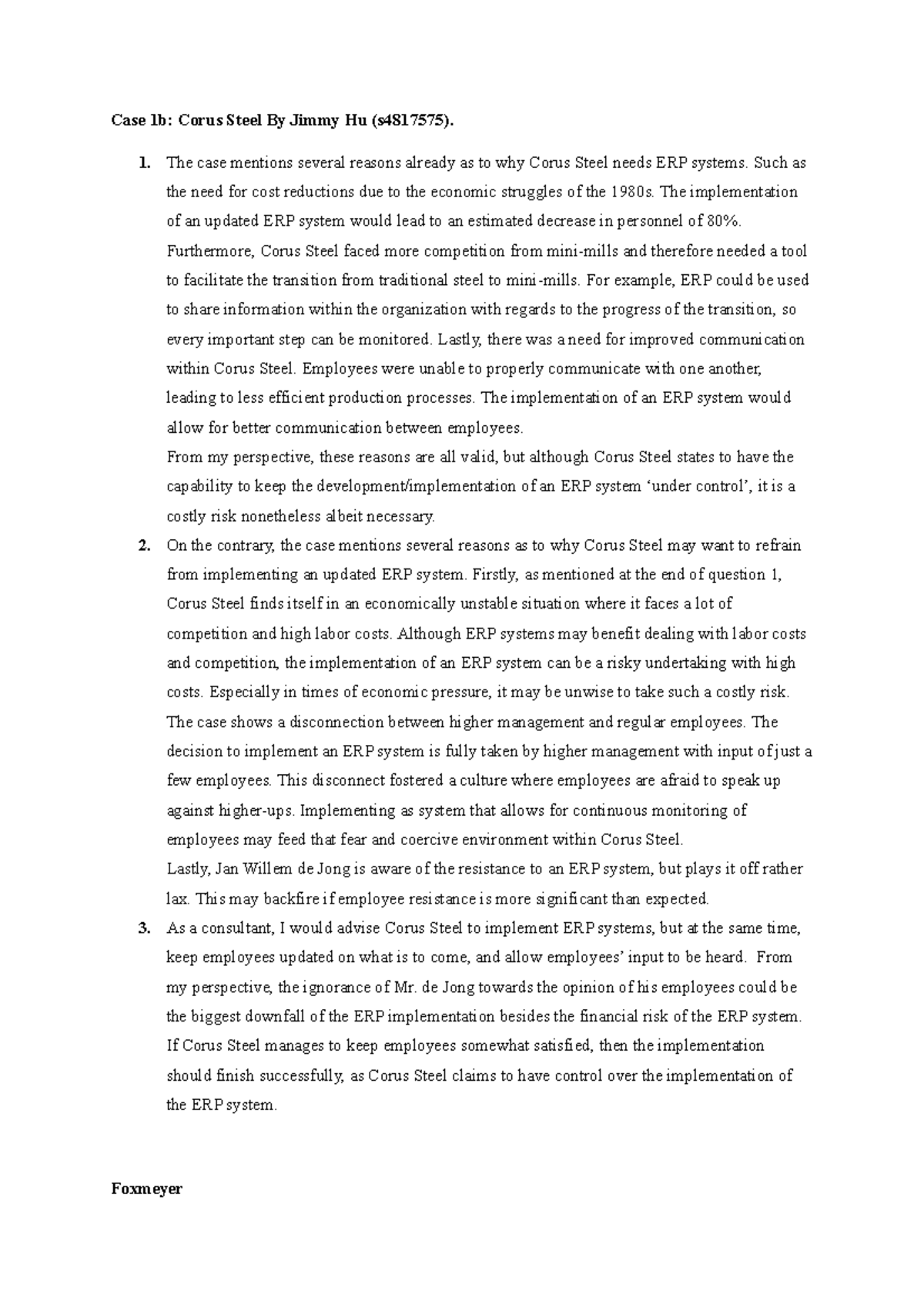 Case 1b - Corus steel - Case 1b: Corus Steel By Jimmy Hu (s4817575). 1 ...