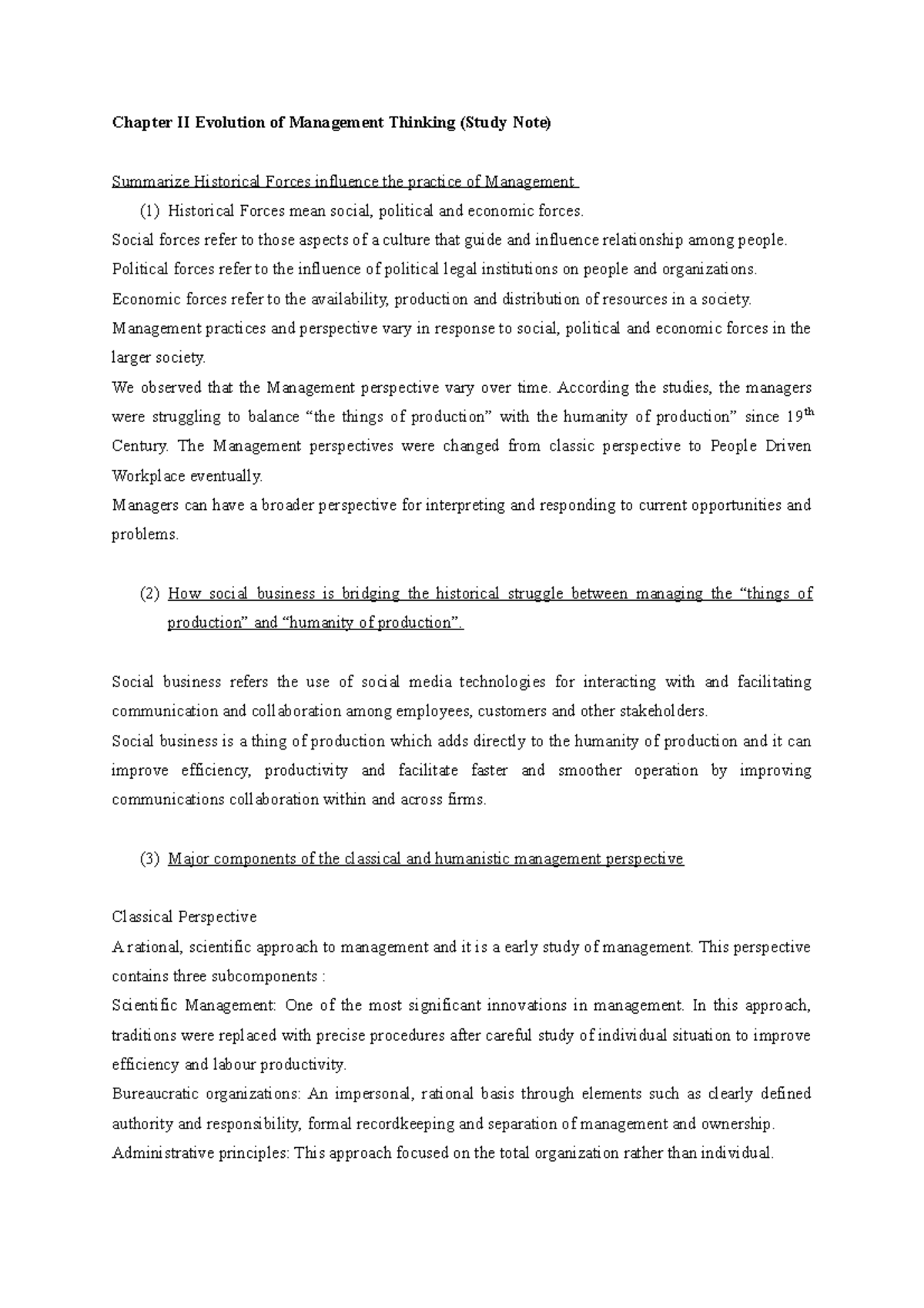 Chapter II Evolution of Management Thinking - Social forces refer to ...