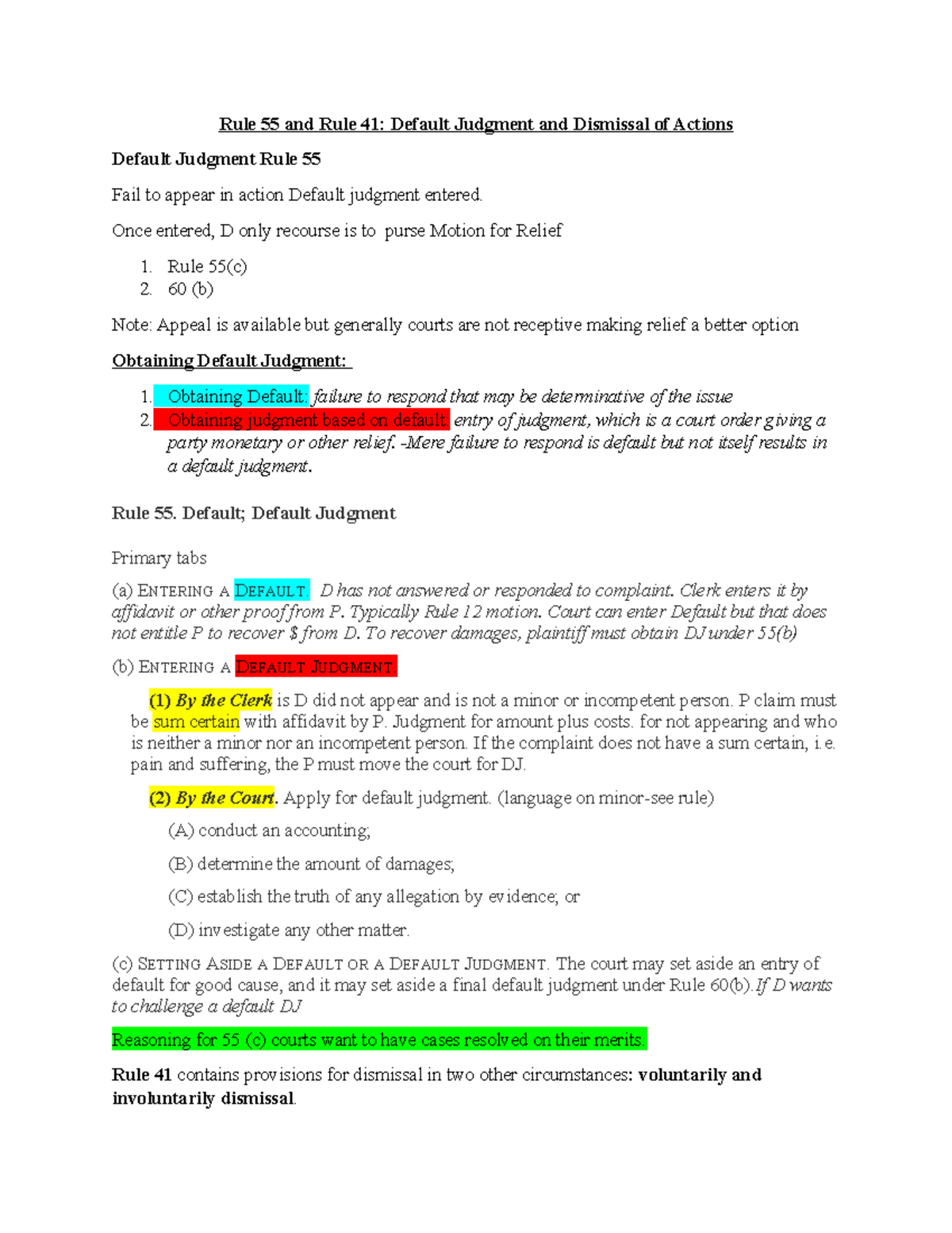 Default Judgment Notes - Rule 55 and Rule 41: Default Judgment and ...