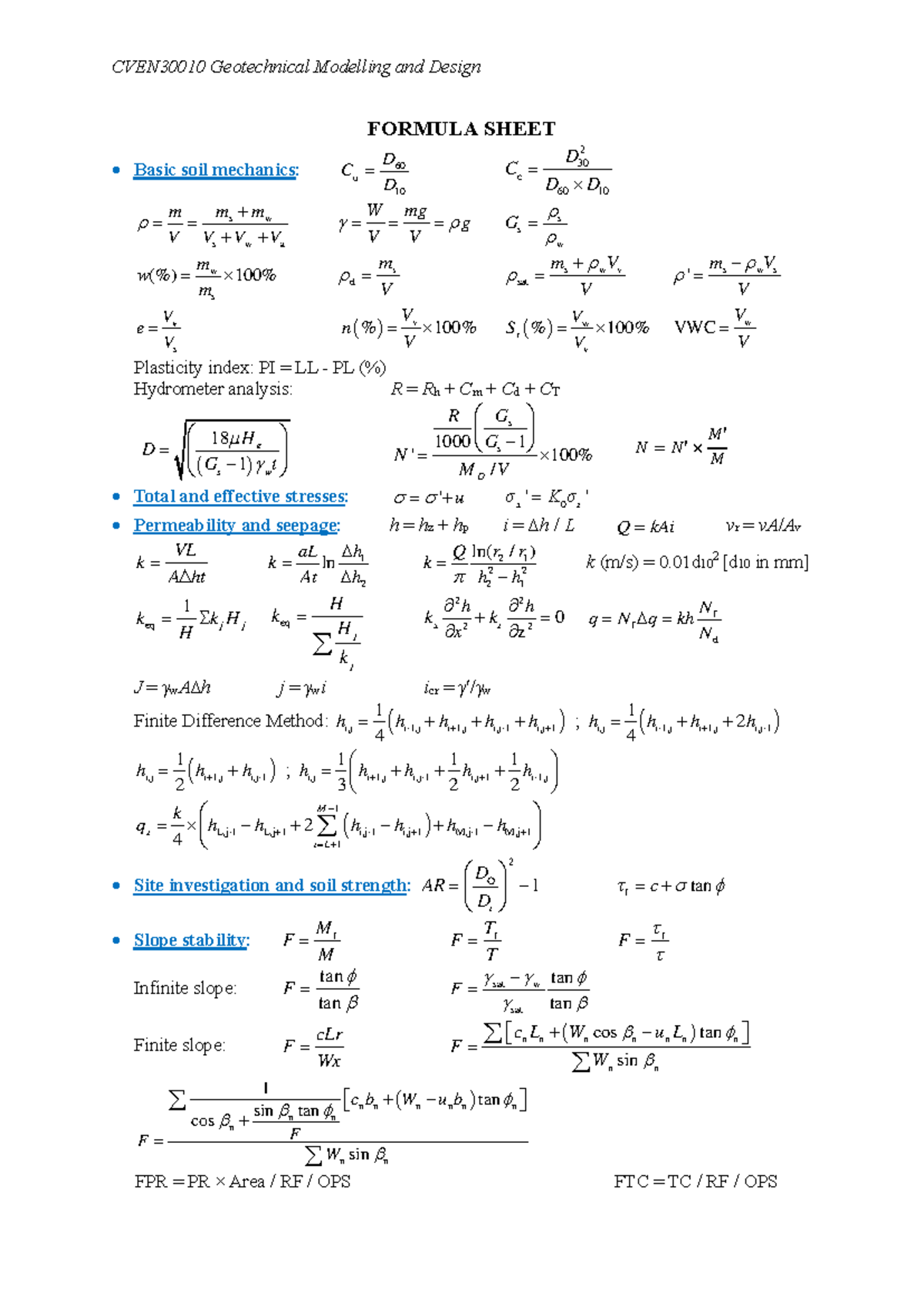 CVEN30010 Formula Sheet - CVEN30010 Geotechnical Modelling and Design ...