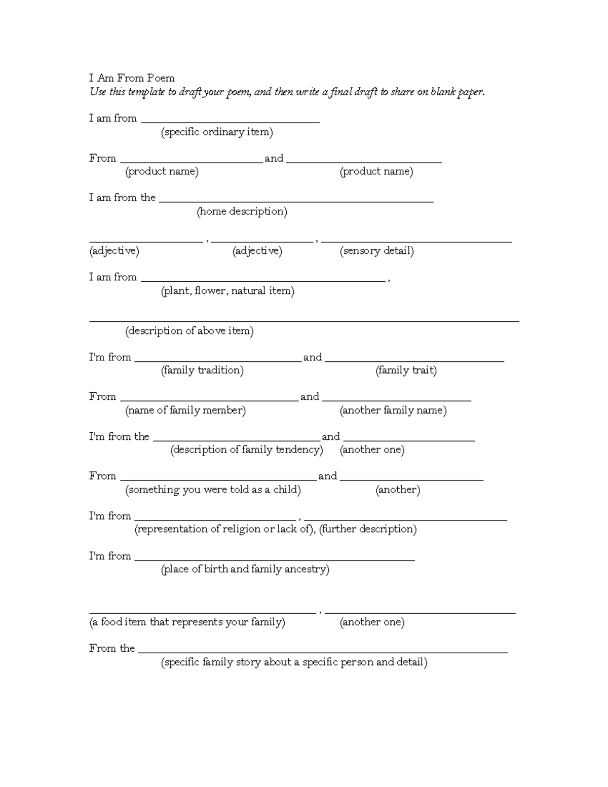 I Am From Poem - this is an assignment about where you are from. - I Am ...