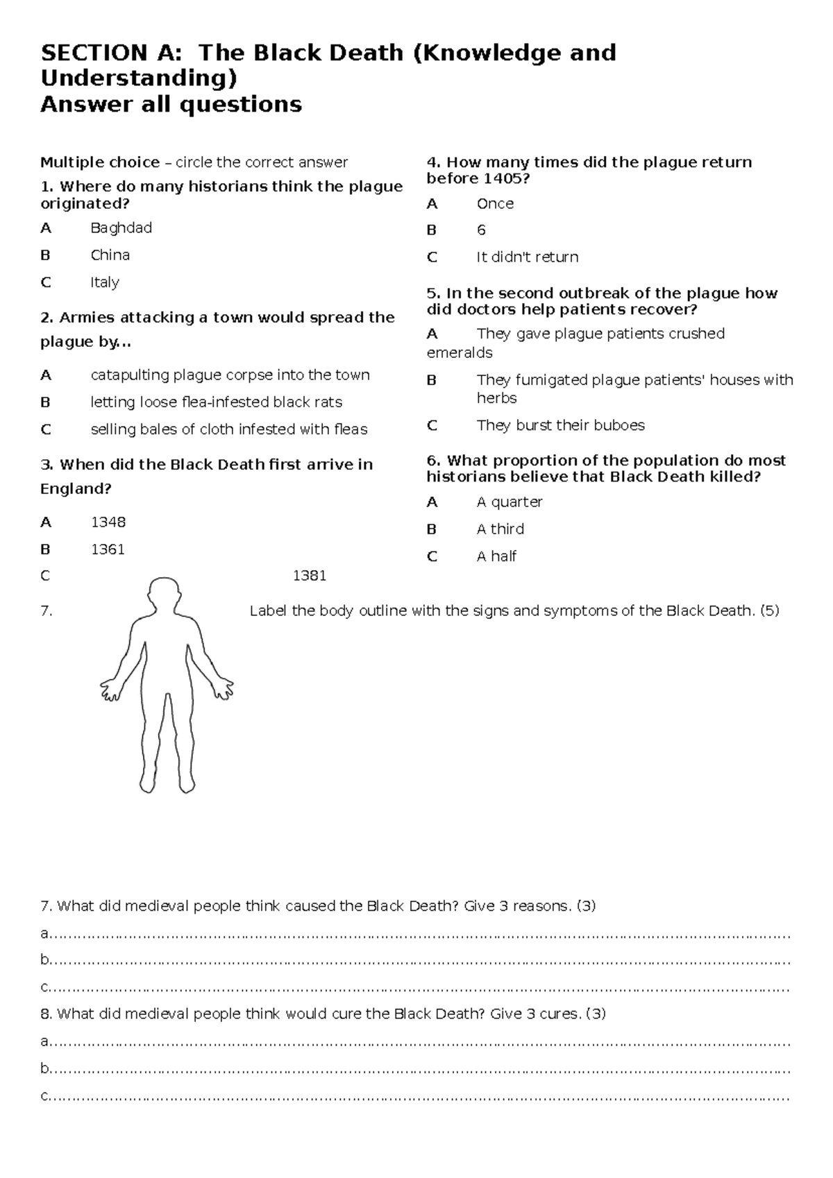 Year-7-History Exam - SECTION A: The Black Death (Knowledge and ...