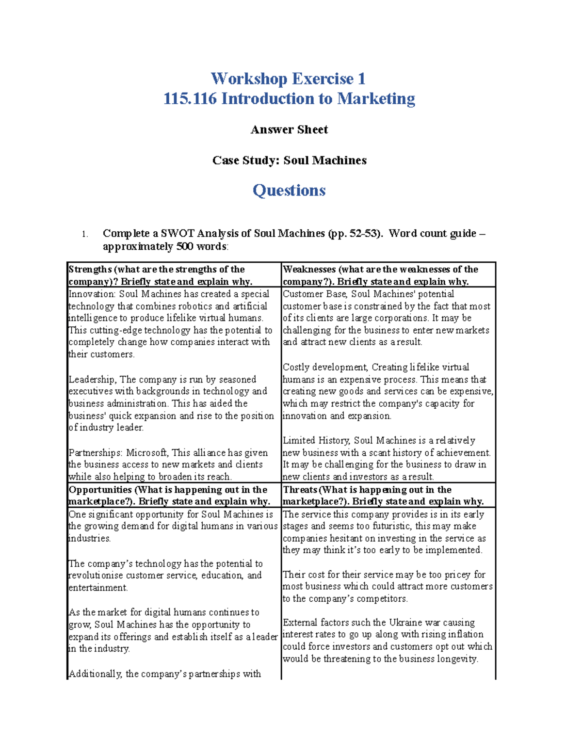 Marketing workshop 1 - Workshop Exercise 1 115 Introduction to ...