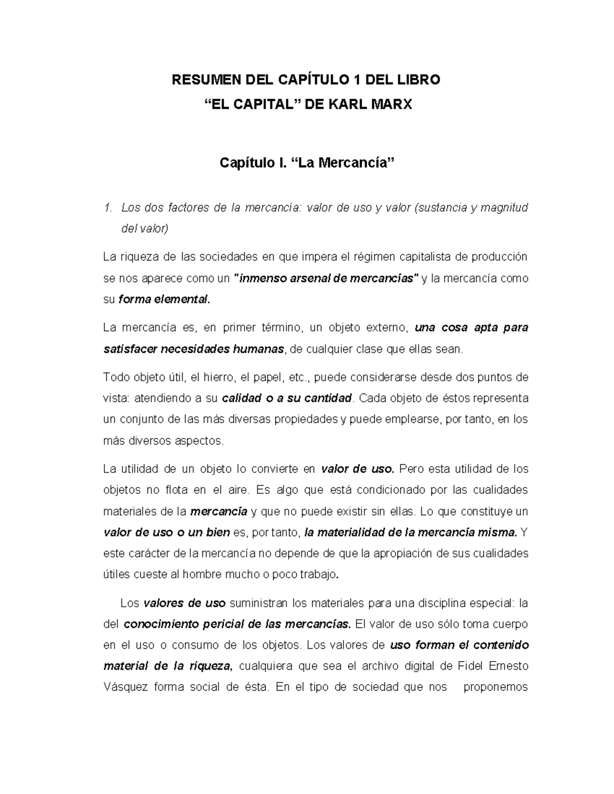 Resumen del capítulo I del libro "El capital" - RESUMEN DEL CAPÍTULO 1 ...