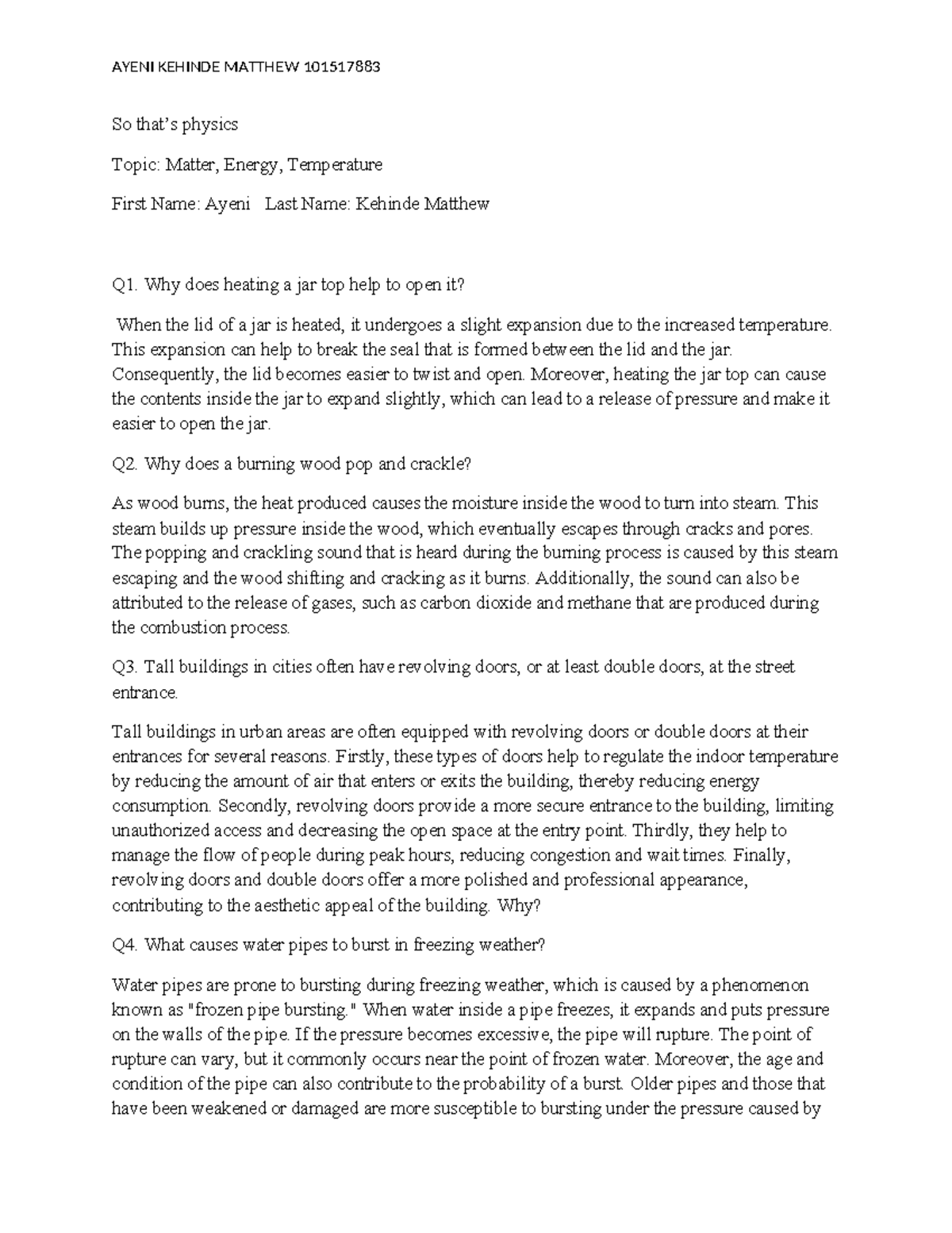 Physics Assignment 1 Temperature Heat and Energy - AYENI KEHINDE ...