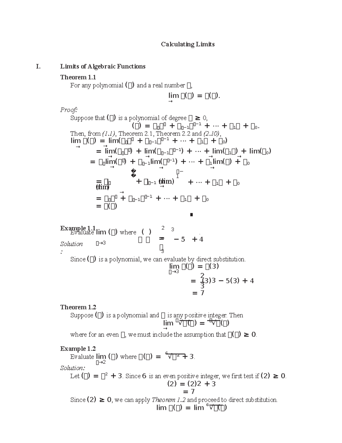 Calculating Limits Limits Of Algebraic Functions Theorem 1 For Any Polynomial 𝐀 And A Real