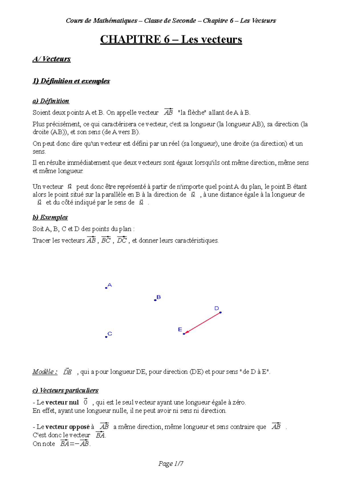 Cours vecteur + exercices - CHAPITRE 6 – Les vecteurs A/ Vecteurs 1 ...