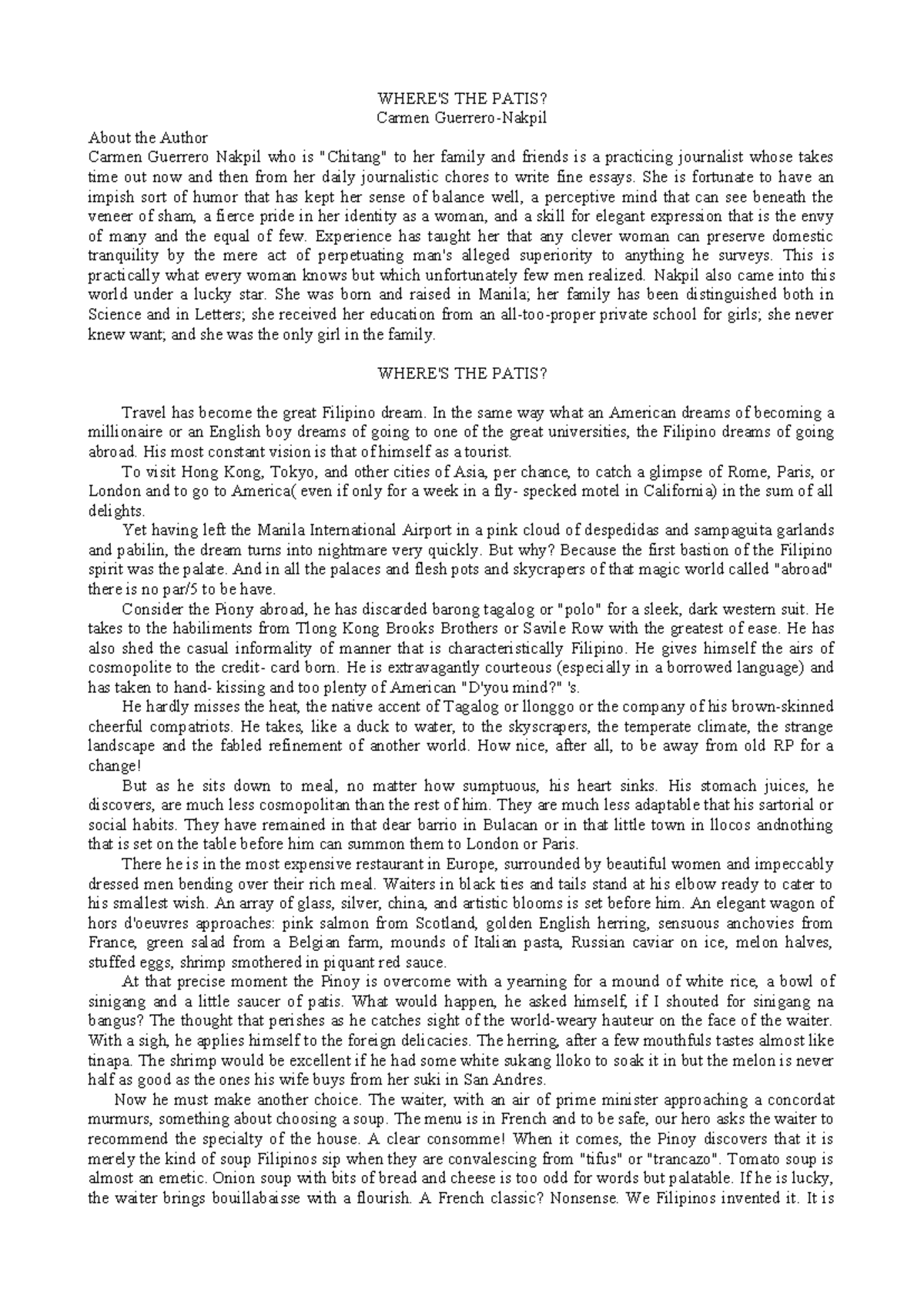 Essay patis - WHERE'S THE PATIS? Carmen Guerrero-Nakpil About the ...
