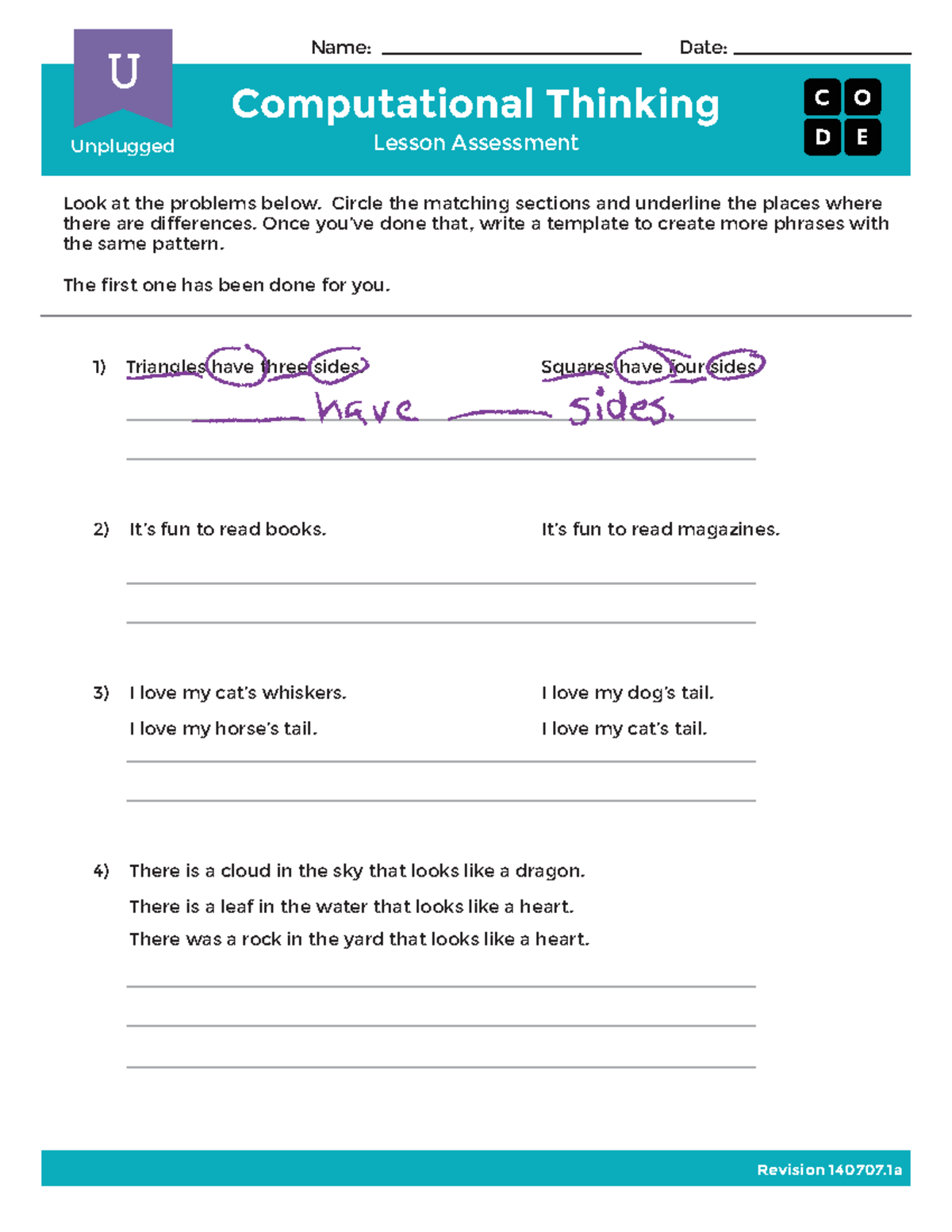 Assessment 1-Comp Thinking - Computational Thinking Unplugged Lesson ...